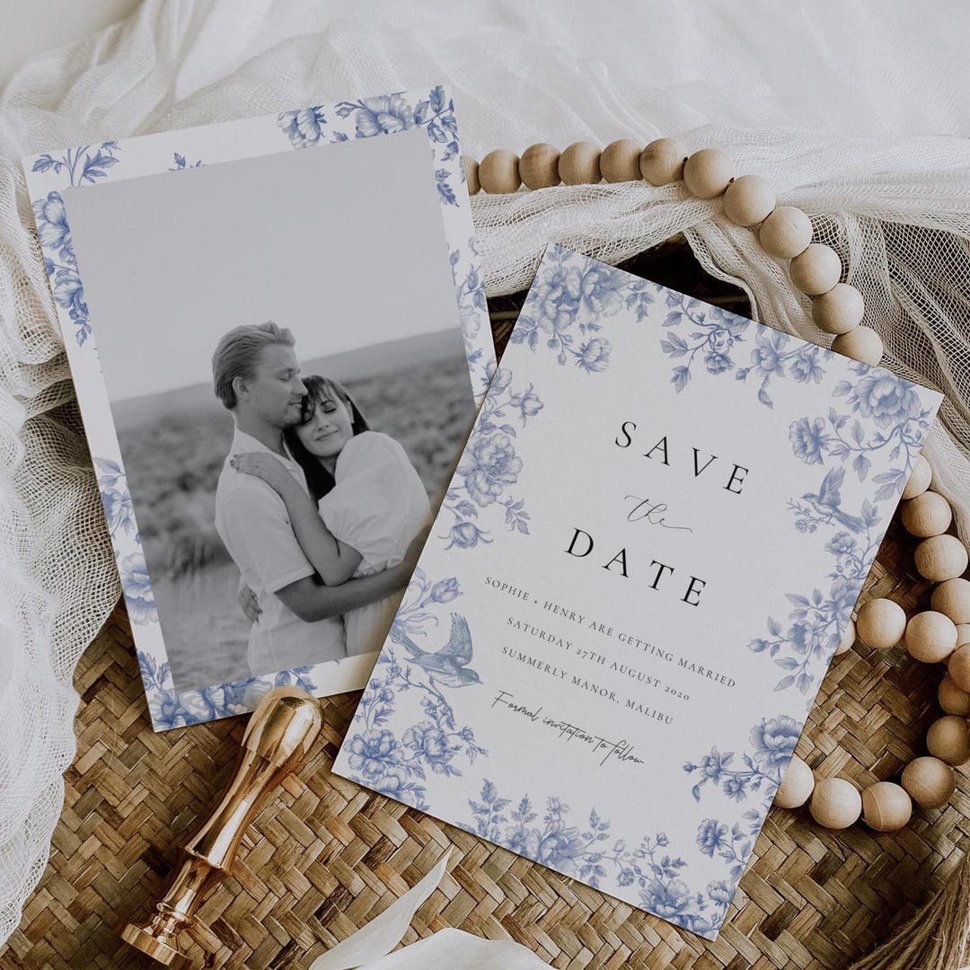 Blue Toile Save the Date: Floral Wedding Printable Template (5x7 ...