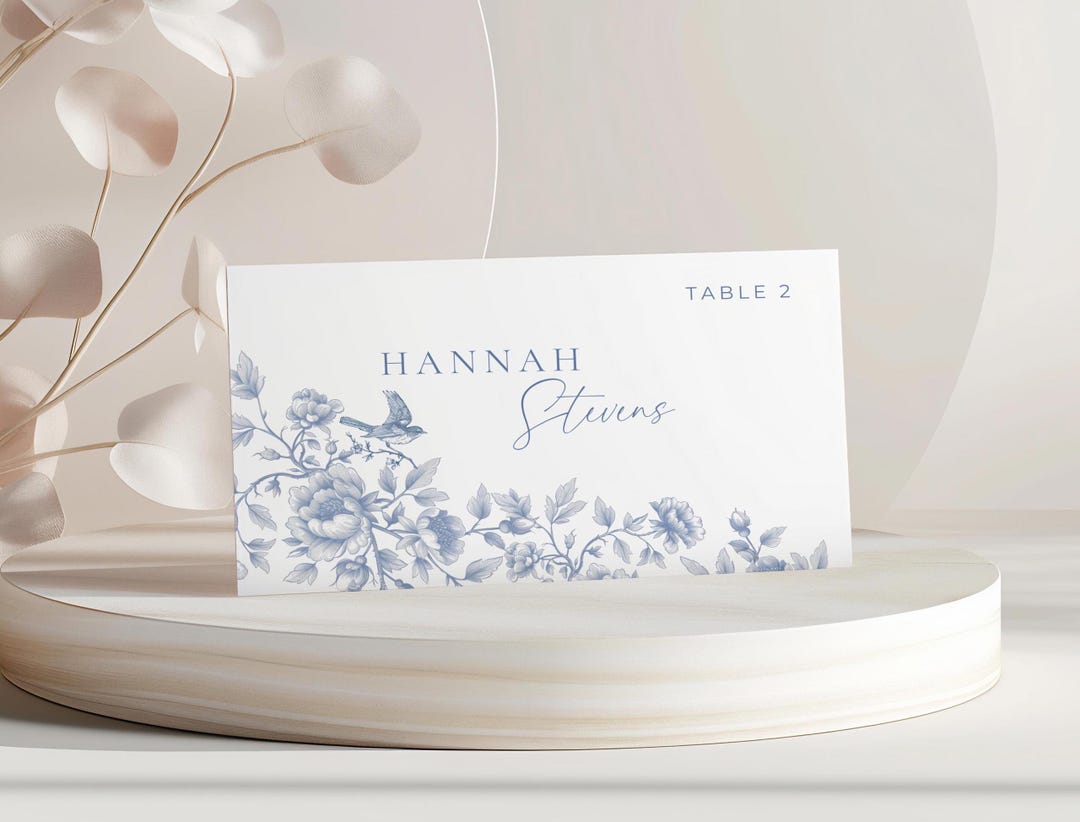 Blue Toile Wedding Place Card, Folded Chinoiserie Place Card, Flat ...
