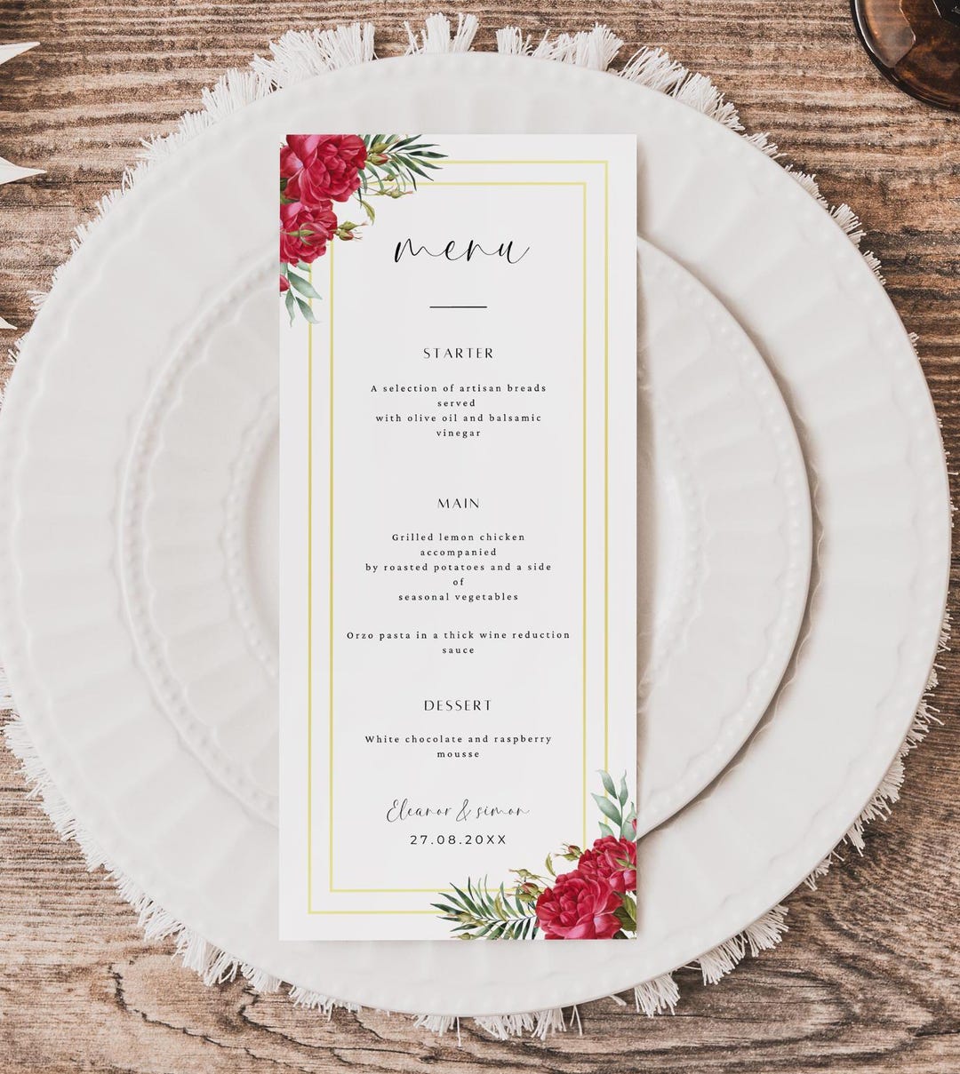 Gold Border Printable Menu Card | Red Rose Tall Wedding Menu Sign | 4X9 ...