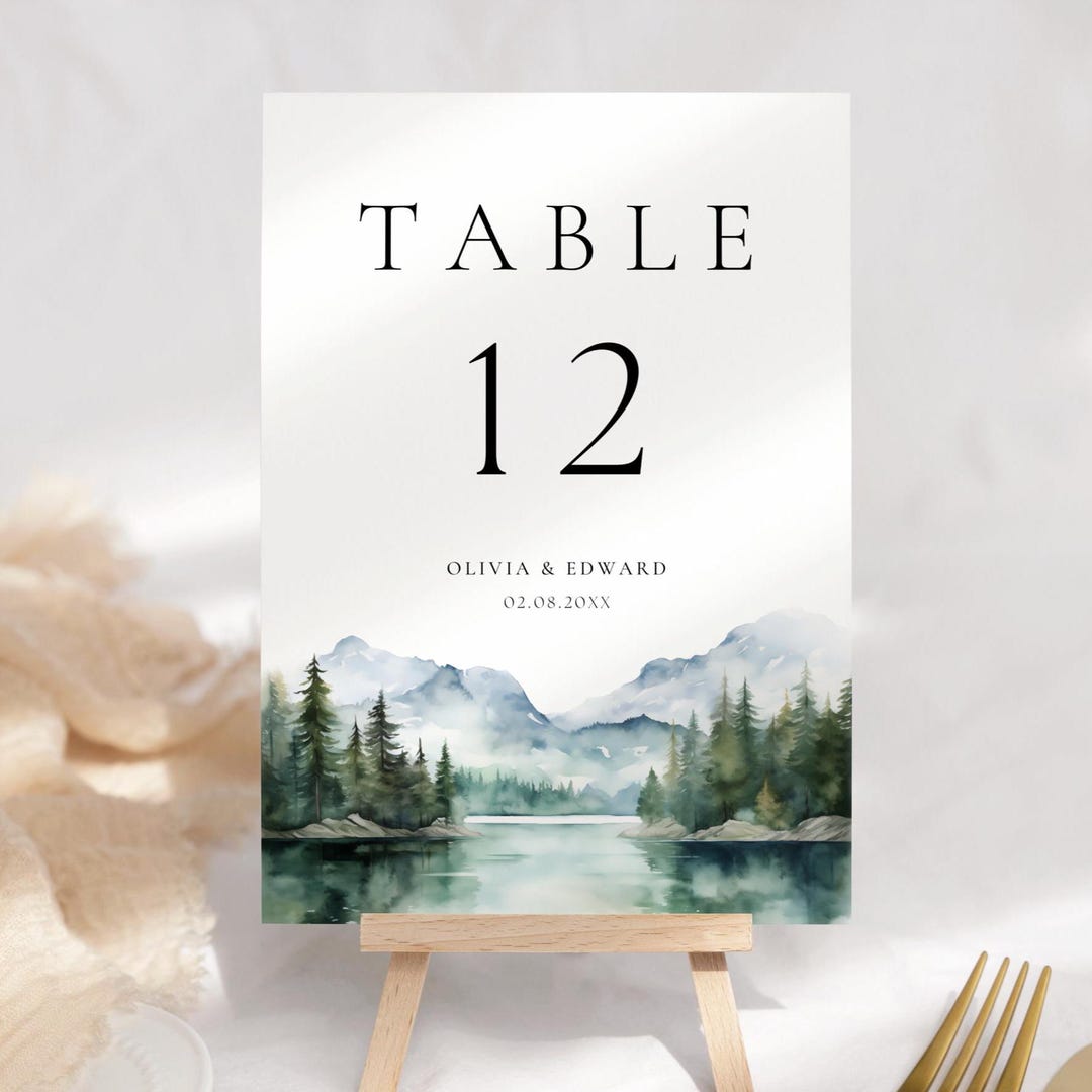 Mountain Wedding Table Numbers: Rustic Wood Centerpieces (editable ...
