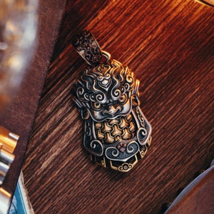 Oxidized Silver Tang Dynasty Armor Pendant, Chinese Lion Pendant, Gift ...