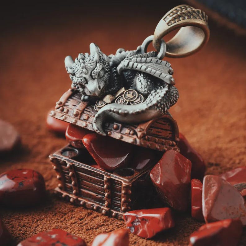 Dragon Treasure Chest Pendant, Copper, White Bronze & Brass Dice ...