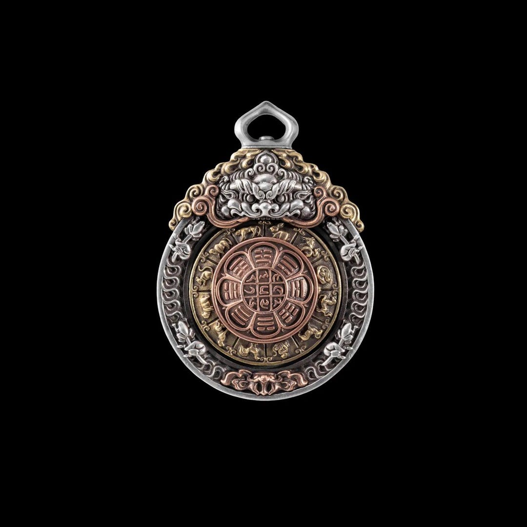 Oxidized Silver Nine Palace Bagua Pendant, Twelve Zodiac Amulet, Round ...