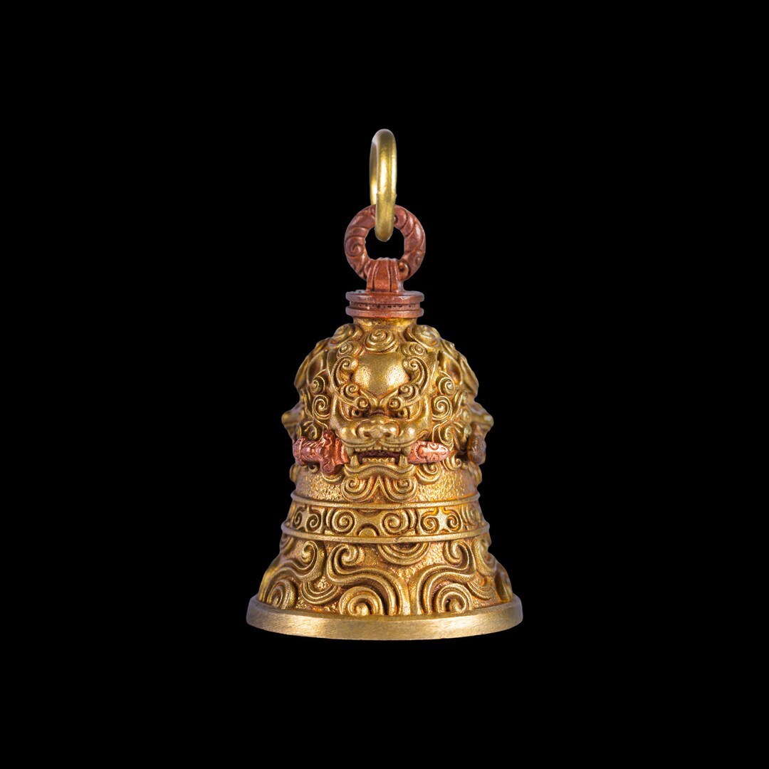 Lion-biting Sword Bell in Brass With Copper Inlay, Amulet Keychain ...