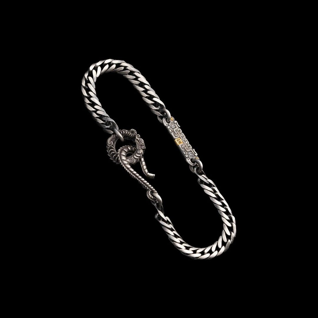 Oxidized Silver Taotie Chain Bracelet, Silver Chain Link Bracelet, Gift ...