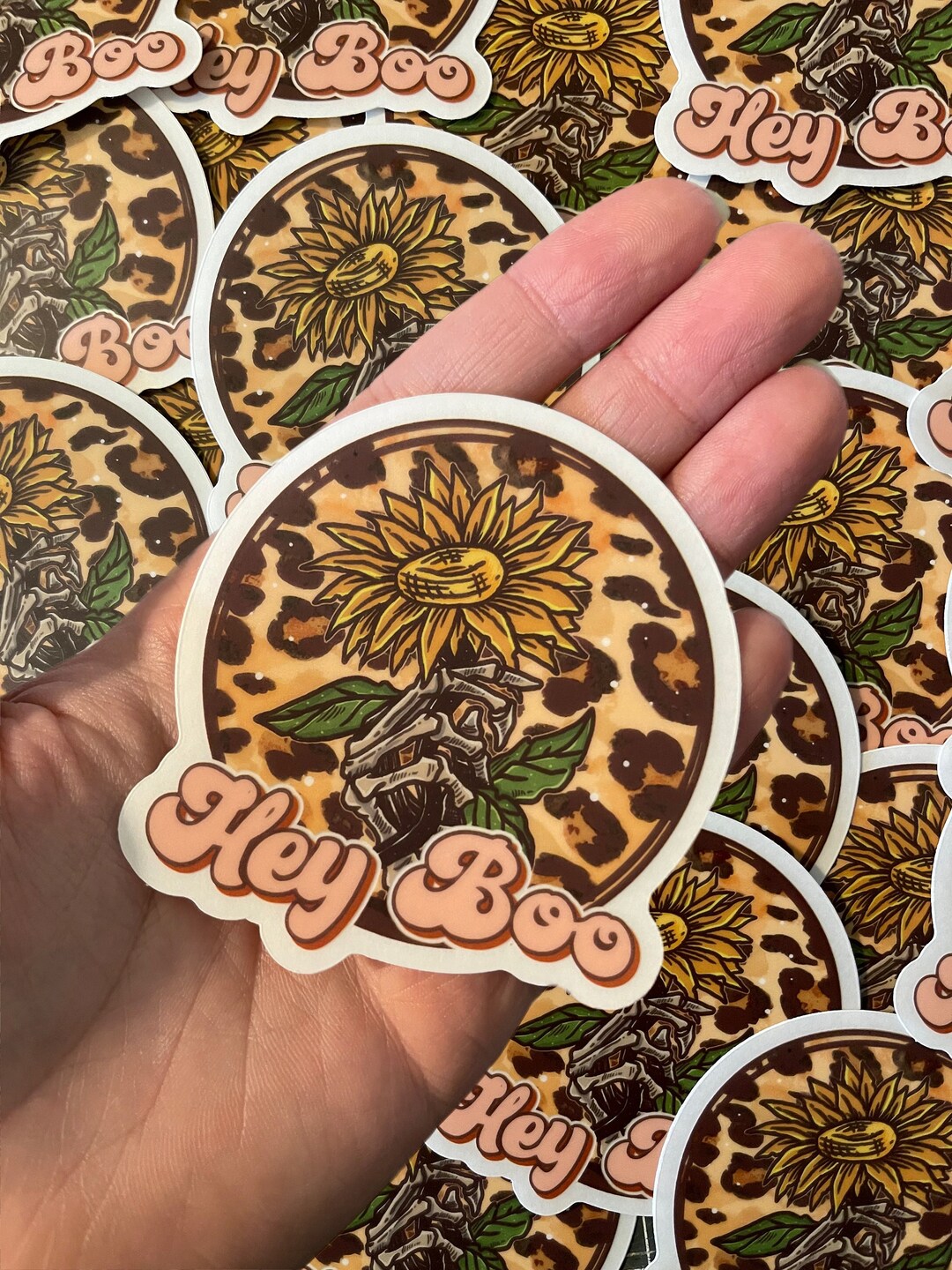 Hey Boo Skeleton Holding Sunflower Leopard Print Sticker - Etsy