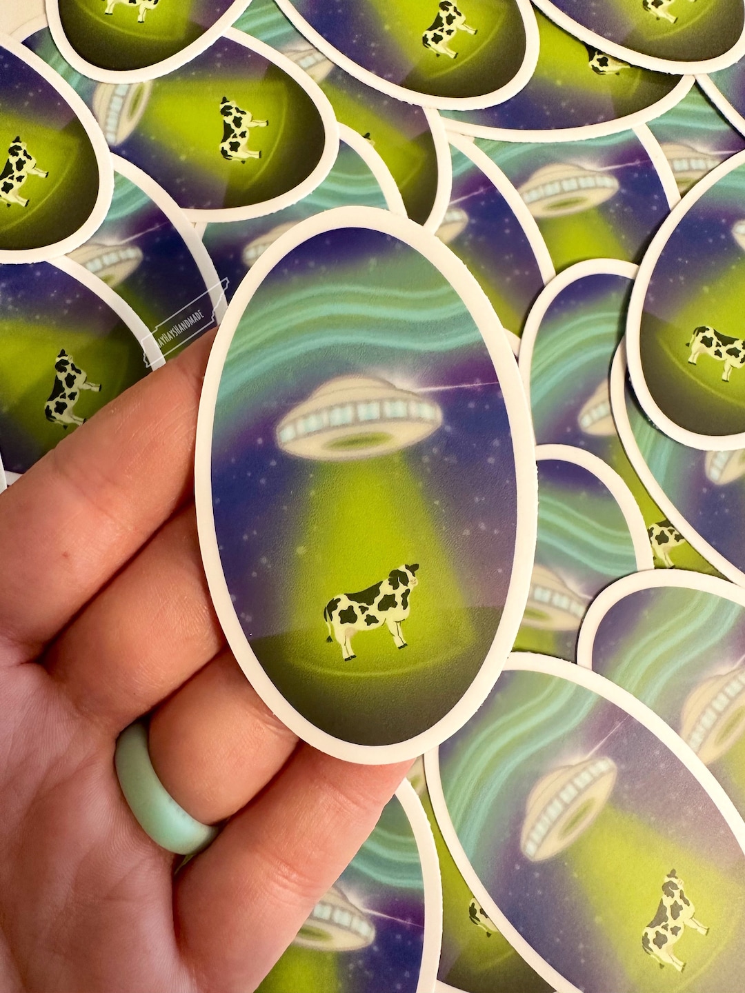 Cow Alien Abduction Sticker Flying Saucer UFO Sticker Aurora Borealis ...