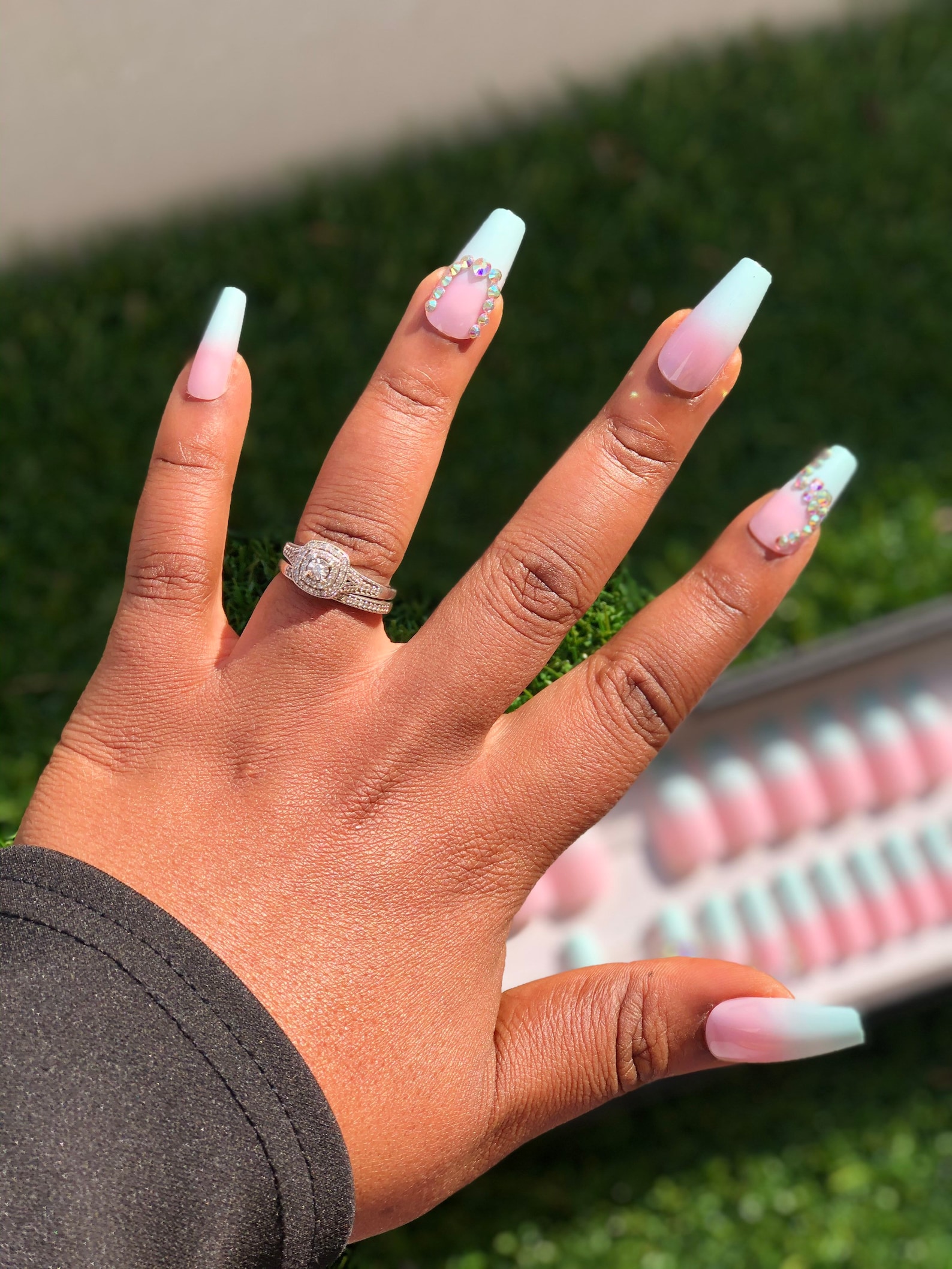 French Tip Press on Nails | Aqua Set With Rhinestones | Glossy Ombre ...