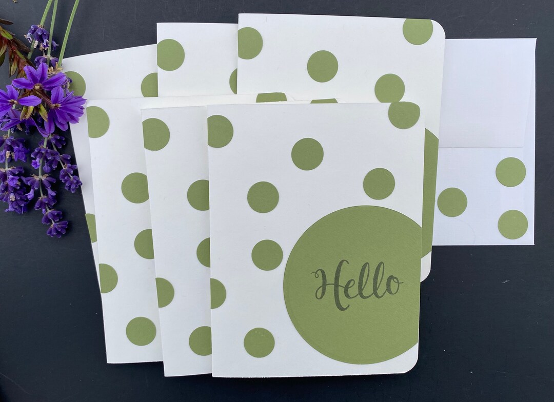 Polka Dot Note Cards, Hello Note Card Set, 6 Green and White Cards With ...
