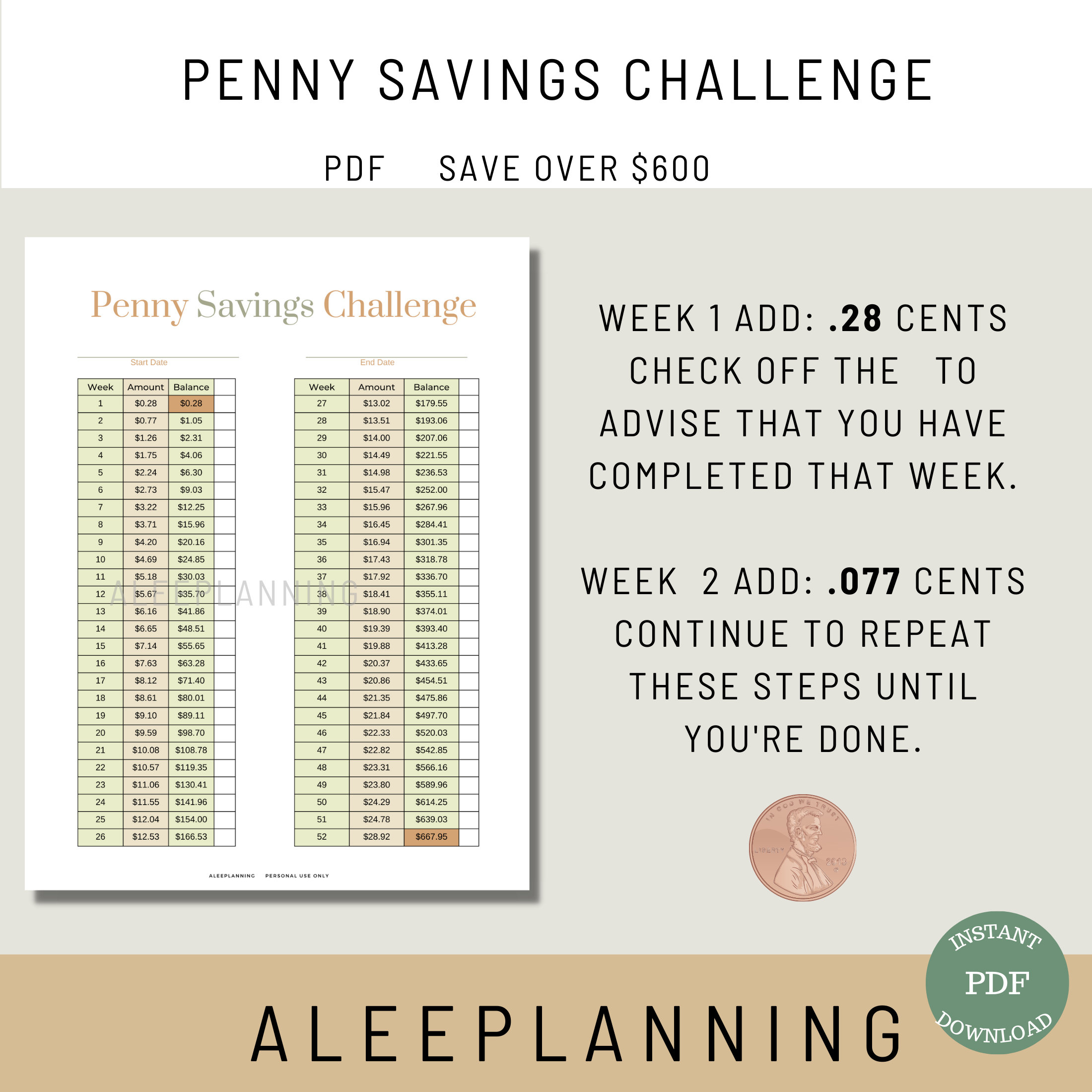 Penny Savings Challenge Weekly Penny Savings Tracker Cash Stuffing ...