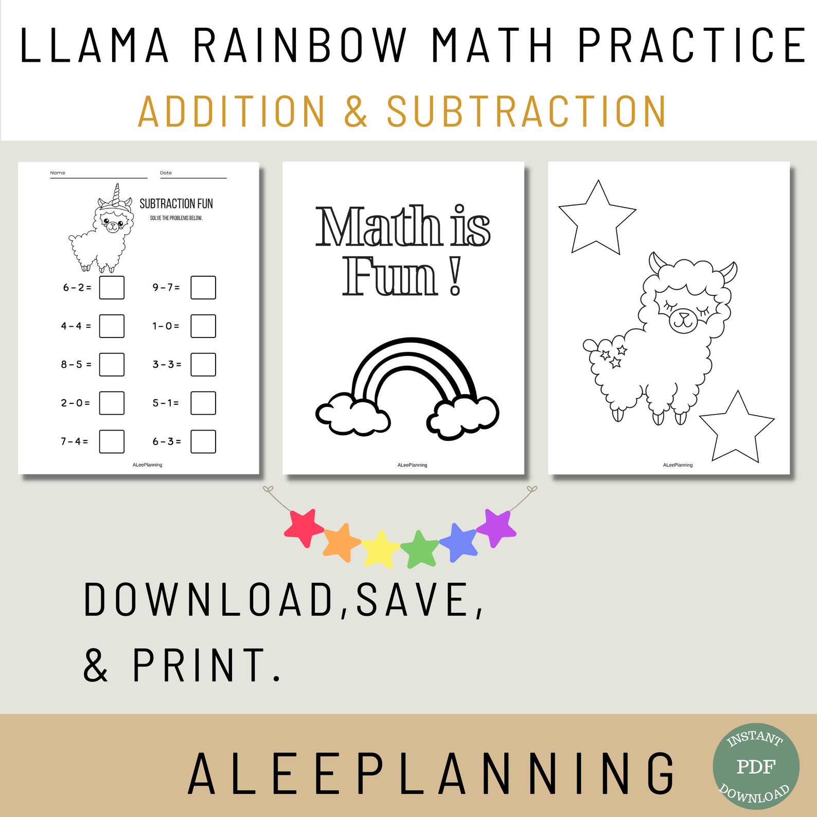 Elementary Math Worksheet Printable Llama Math Rainbow Math Addition ...