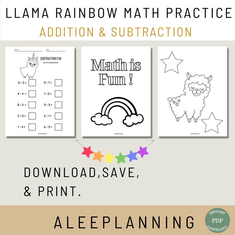 Elementary Math Worksheet Printable Llama Math Rainbow Math Addition ...