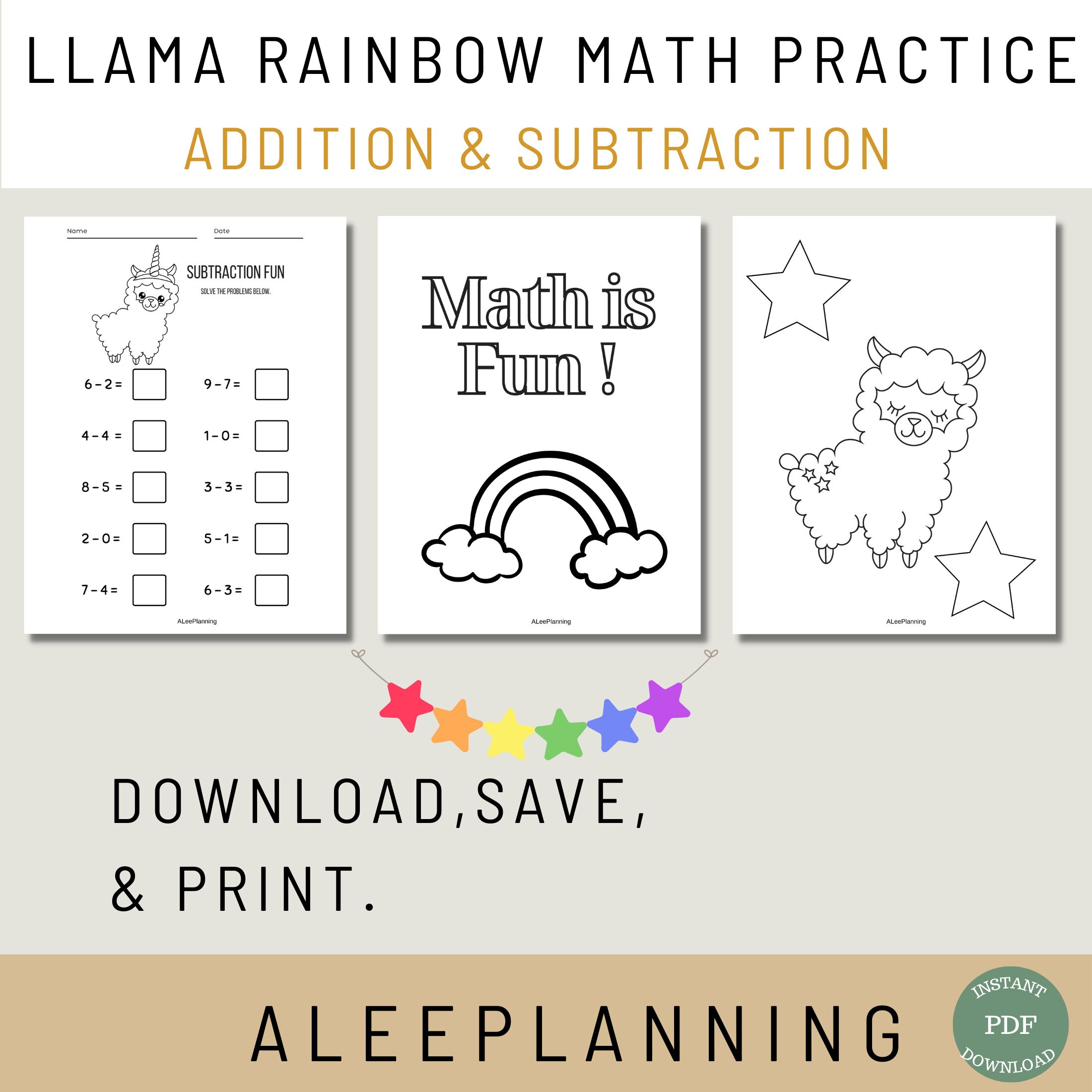 Elementary Math Worksheet Printable Llama Math Rainbow Math Addition ...