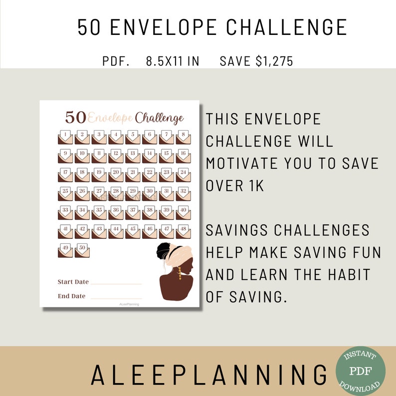 50 Envelope Challenge Printable 50 Envelope Savings Challenge 1k ...