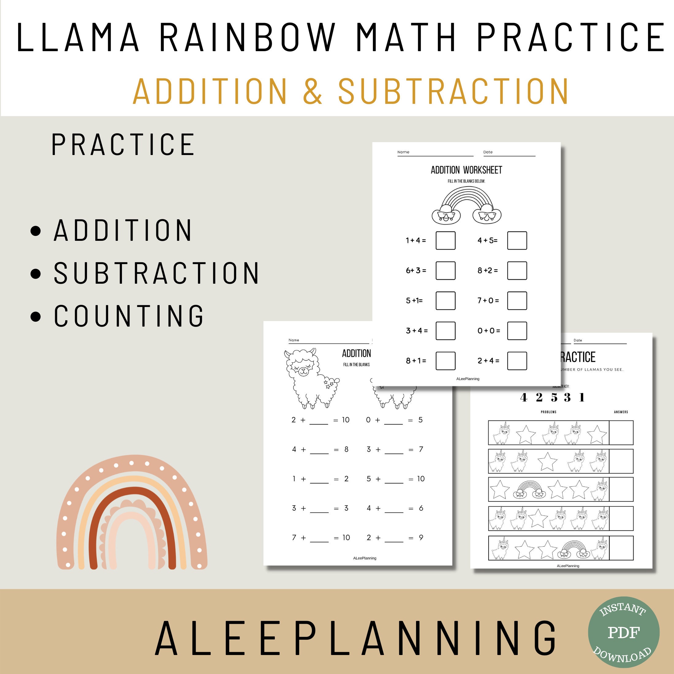 Elementary Math Worksheet Printable Llama Math Rainbow Math Addition ...