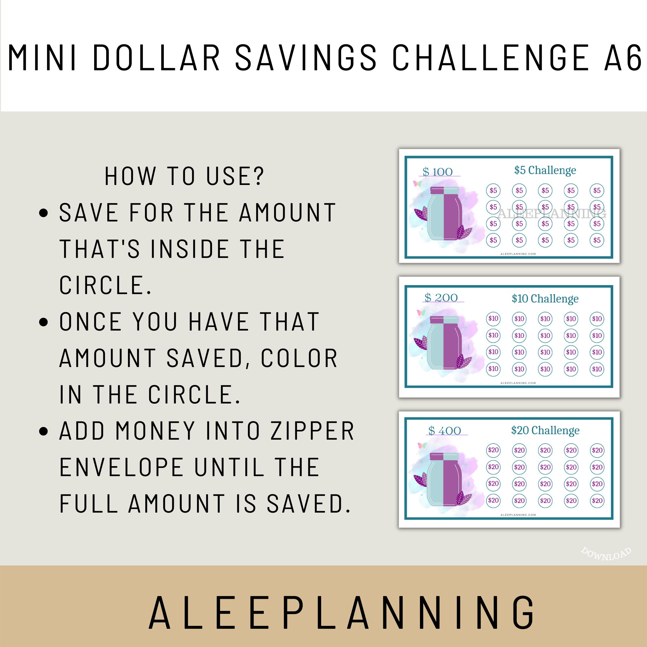 Mini Dollar Savings Challenge 5 Dollar Challenge 10 Dollar Challenge 20 Dollar Challenge Savings ...