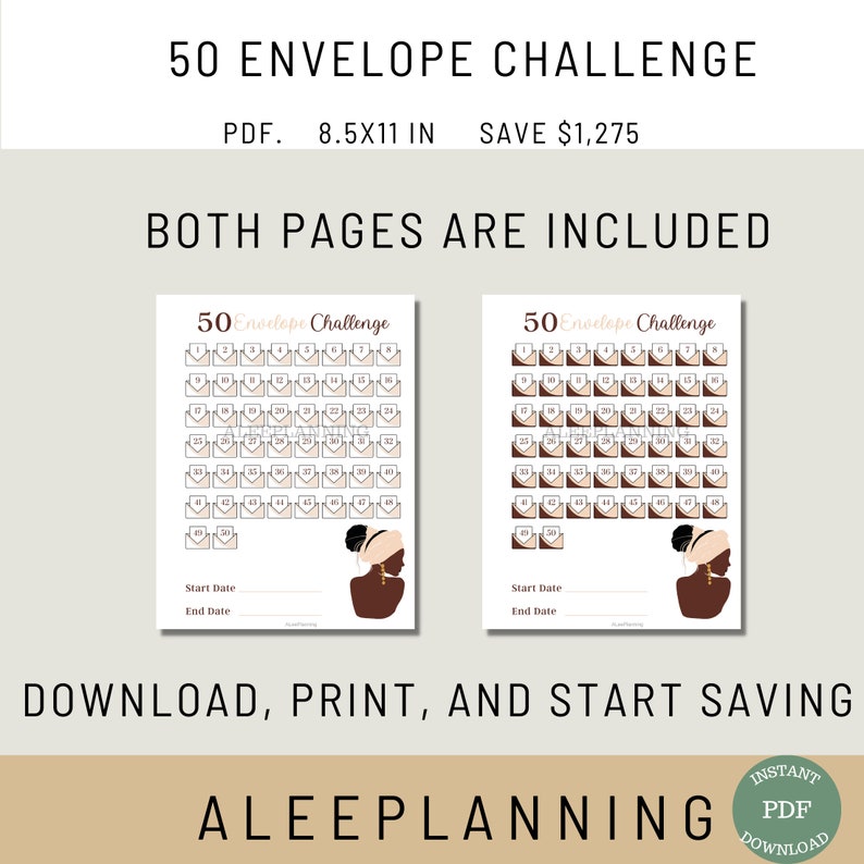 50 Envelope Challenge Printable 50 Envelope Savings Challenge 1k ...