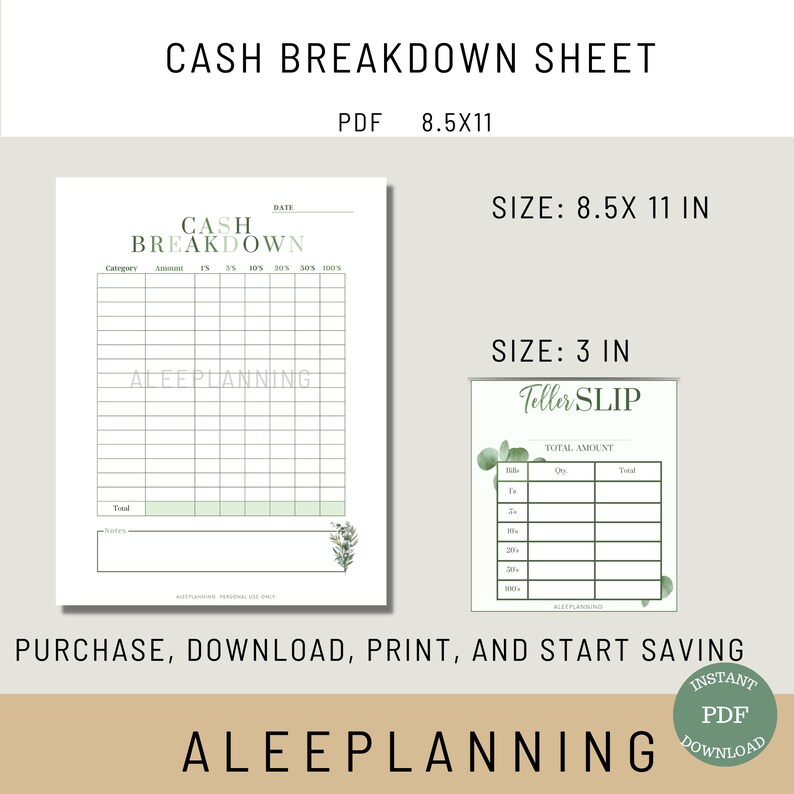 Cash Breakdown Sheet Cash Teller Slip Cash Worksheet Cash Envelope ...