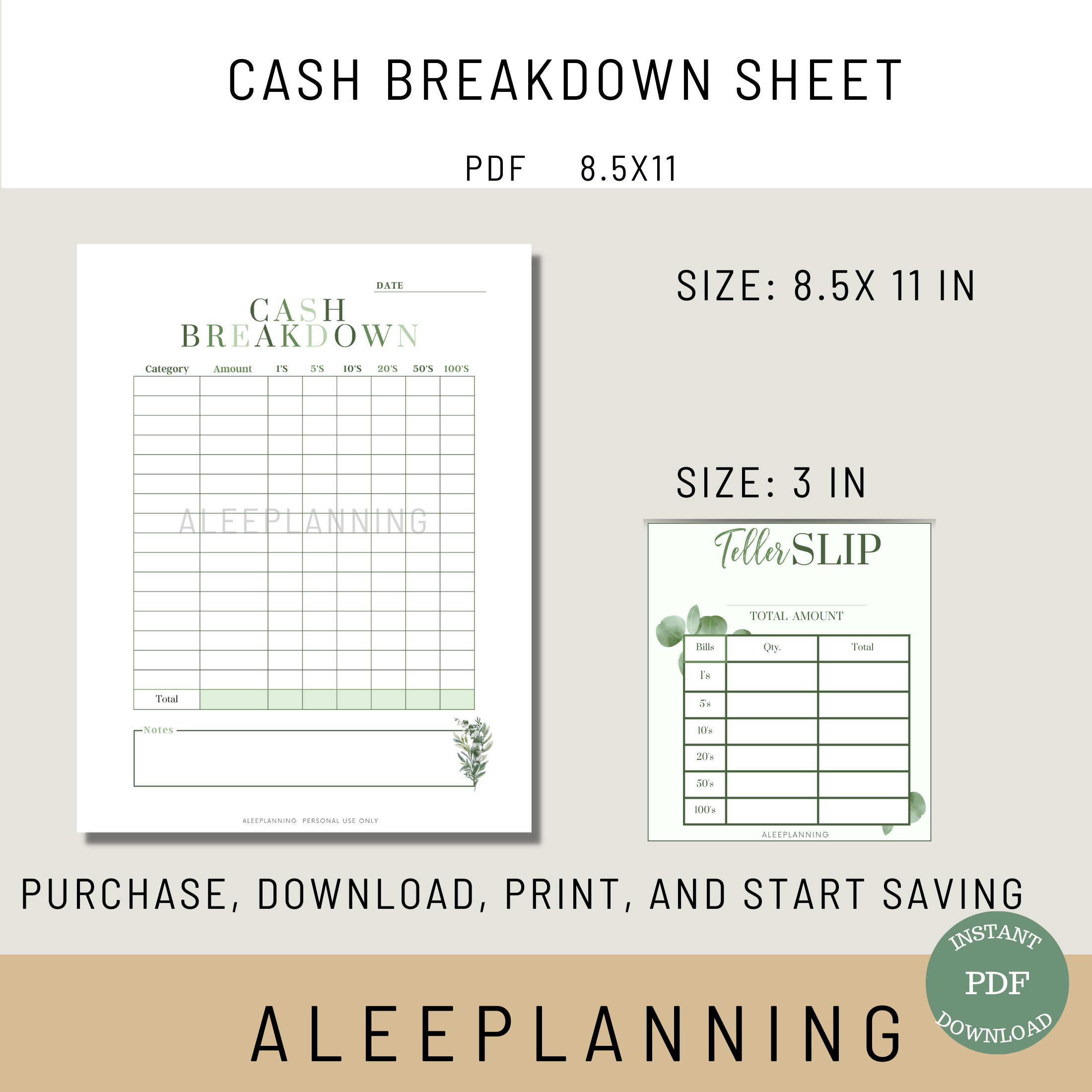 Cash Breakdown Sheet Cash Teller Slip Cash Worksheet Cash - Etsy