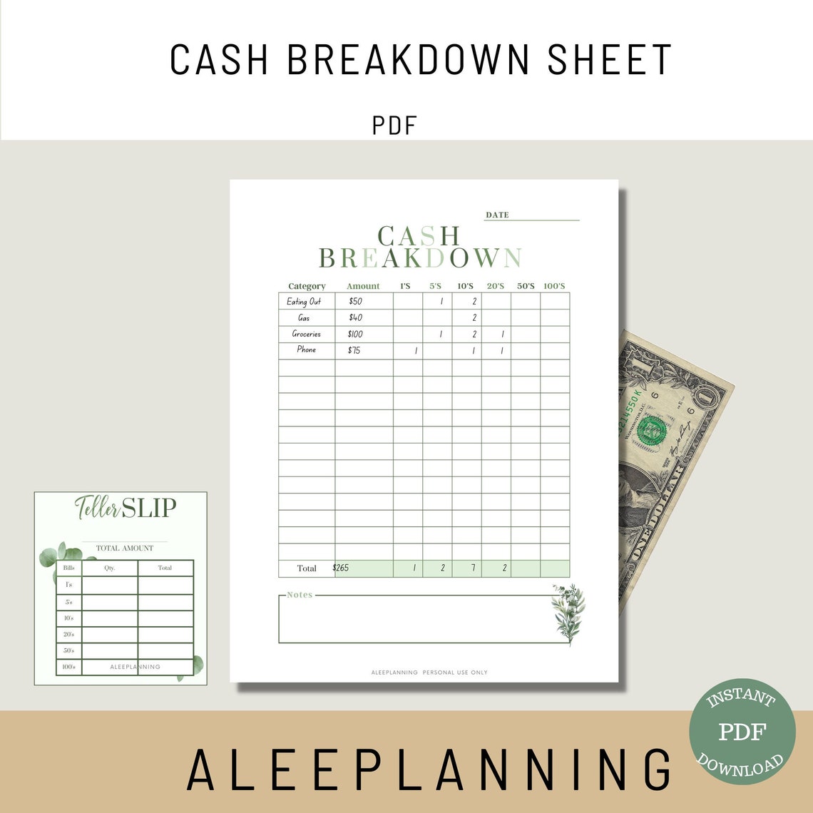 Cash Breakdown Sheet Cash Teller Slip Cash Worksheet Cash Envelope ...