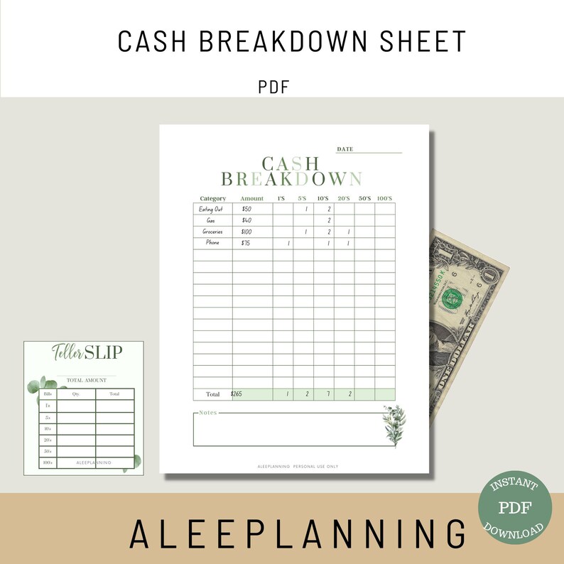 Cash Breakdown Sheet Cash Teller Slip Cash Worksheet Cash Envelope ...