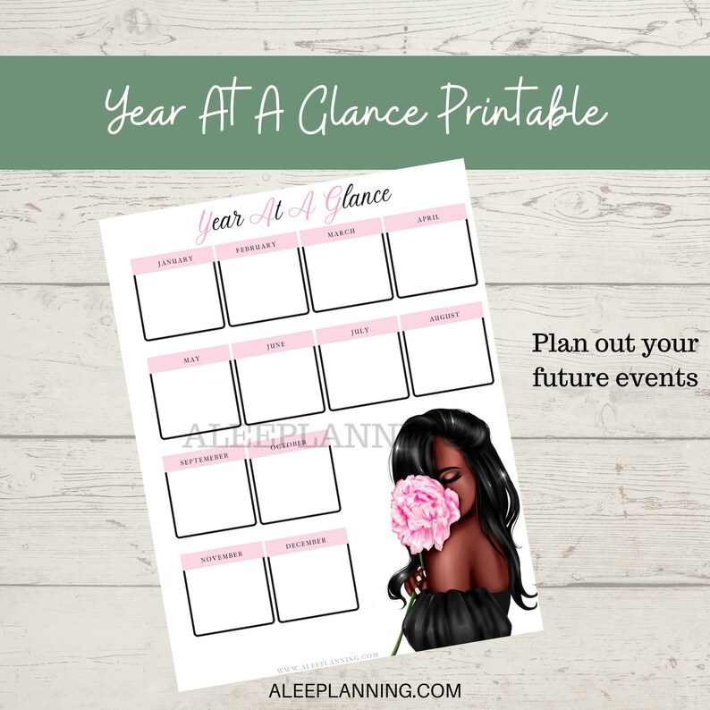 Year at A Glance Printable Yearly Overview Planner Insert PDF Pink ...