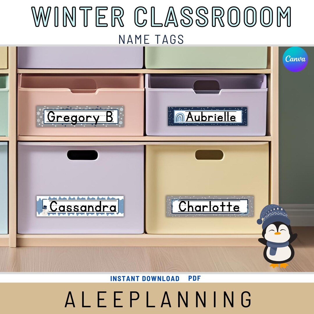 Blue Winter Classroom Name Tags Canva Teacher Editable Classroom Decor ...