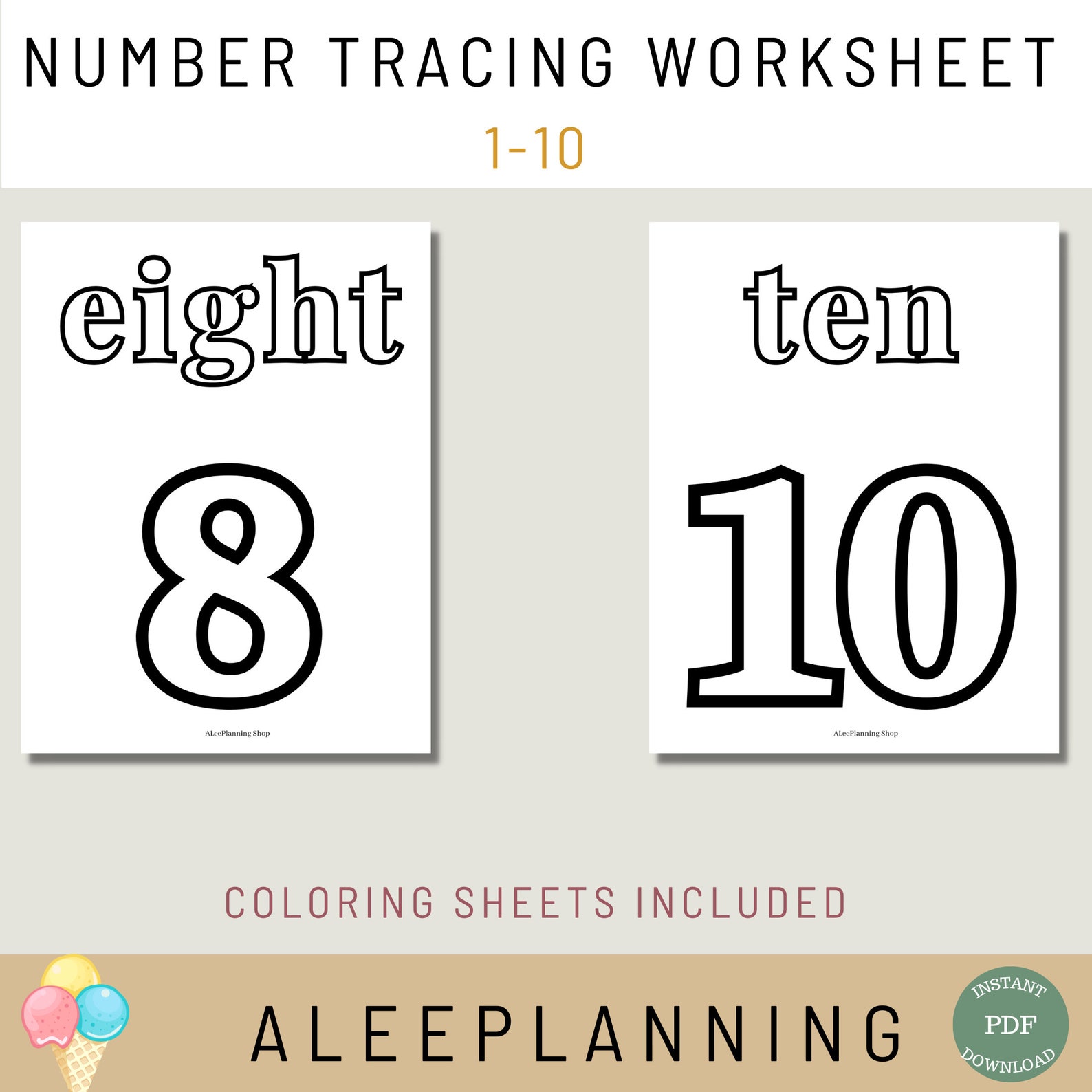 Number Tracing Worksheet Ice Cream 1-10 Tracing Dot Numbers - Etsy