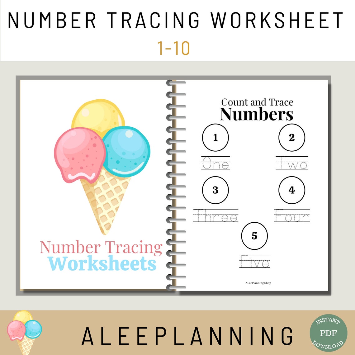 Number Tracing Worksheet Ice Cream 1-10 Tracing Dot Numbers - Etsy