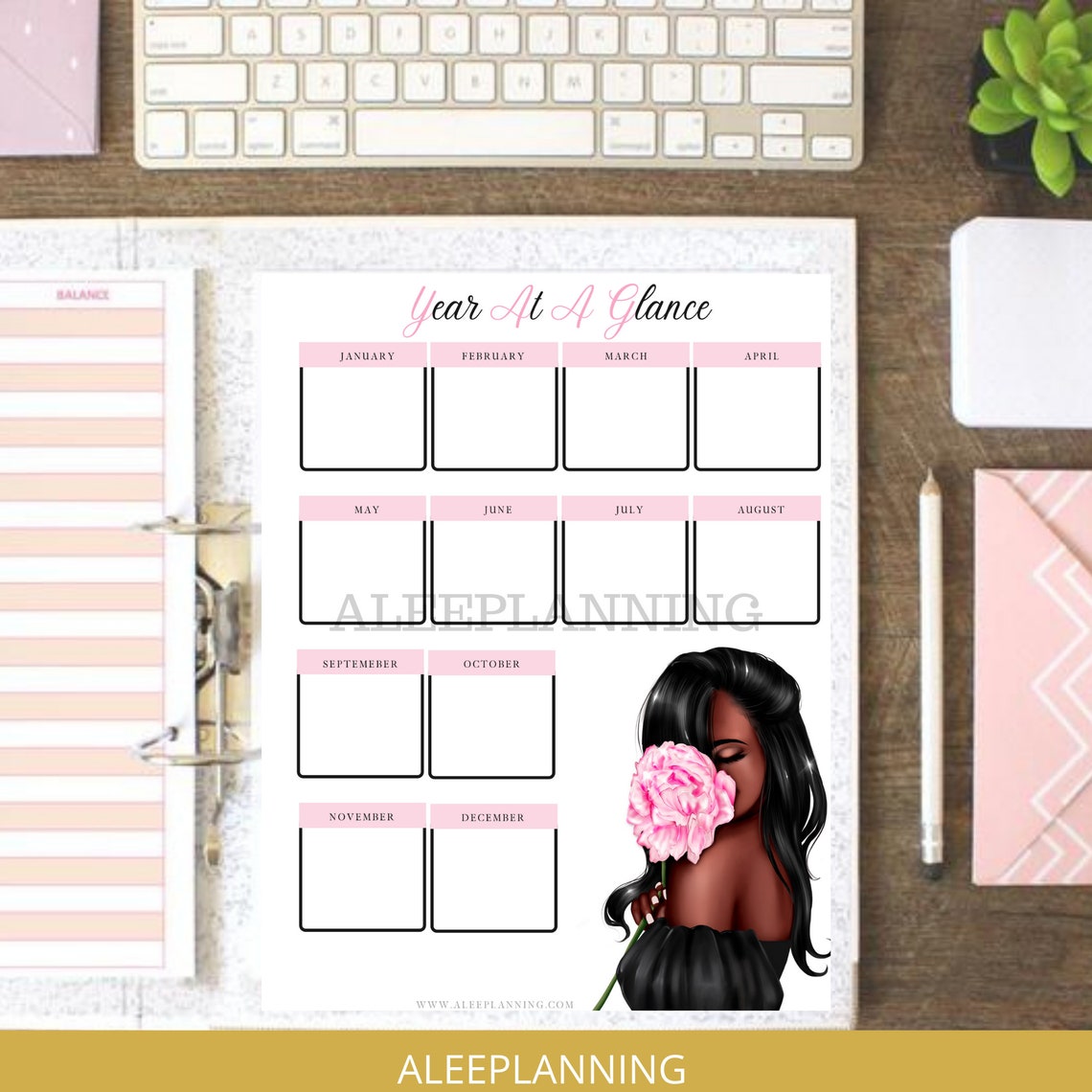 Year at A Glance Printable Yearly Overview Planner Insert PDF Pink ...