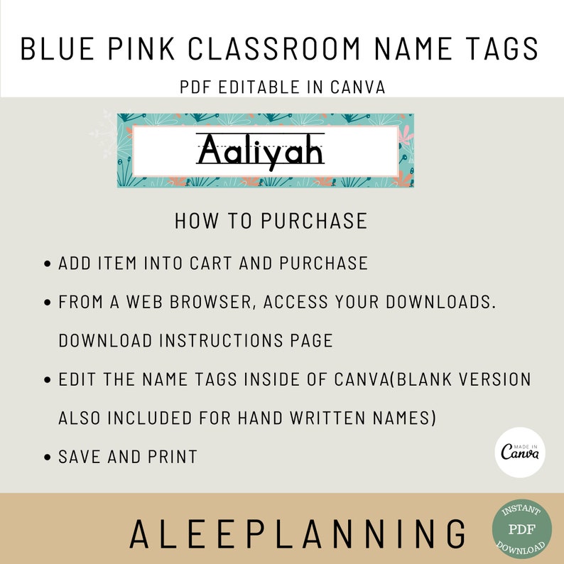 Editable Classroom Name Tags: Blue & Pink Decor (canva PDF) - Etsy