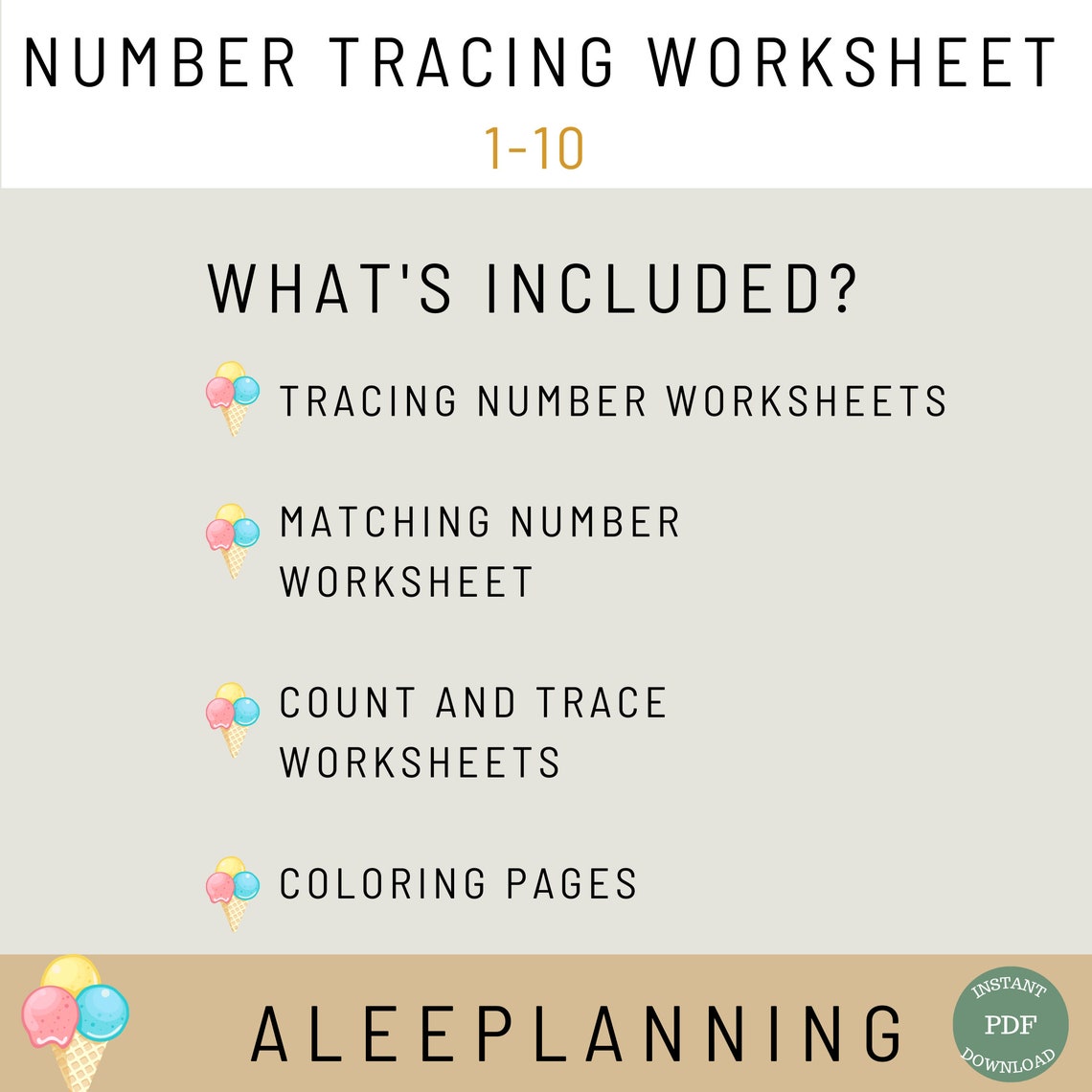 Number Tracing Worksheet Ice Cream 1-10 Tracing Dot Numbers - Etsy