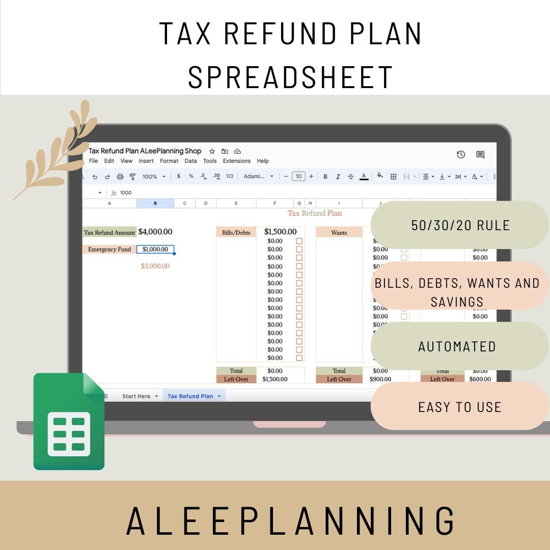 Tax Refund Plan Spreadsheet: 50/30/20 Budget (google Spreadsheet & PDF ...