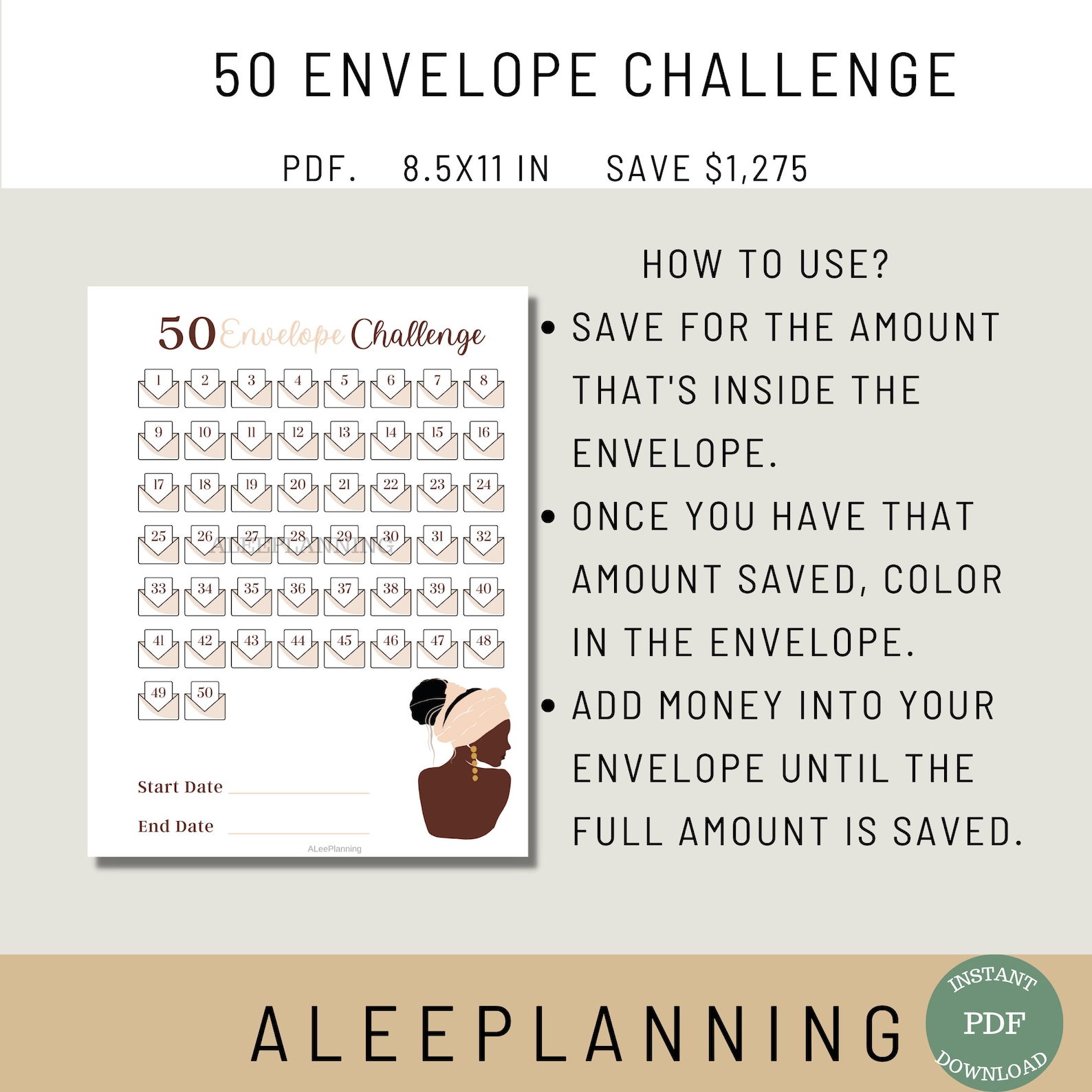 50 Envelope Challenge Printable 50 Envelope Savings Challenge 1k ...
