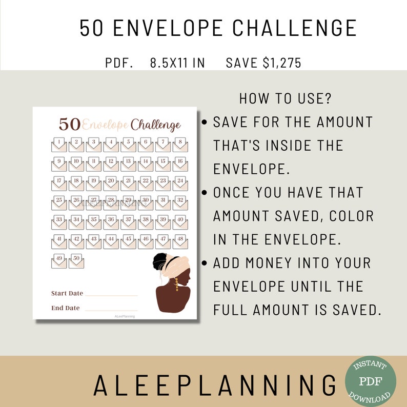 50 Envelope Challenge Printable 50 Envelope Savings Challenge 1k ...
