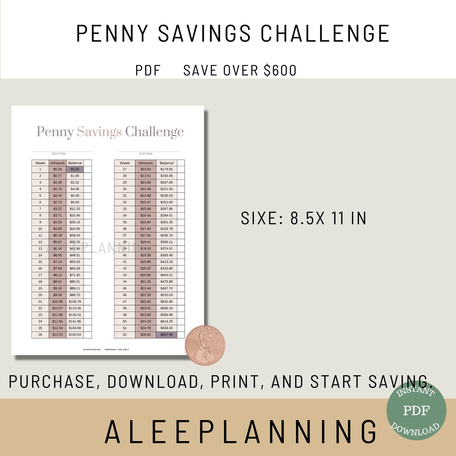Penny Savings Challenge Weekly Purple Penny Savings Tracker Cash ...