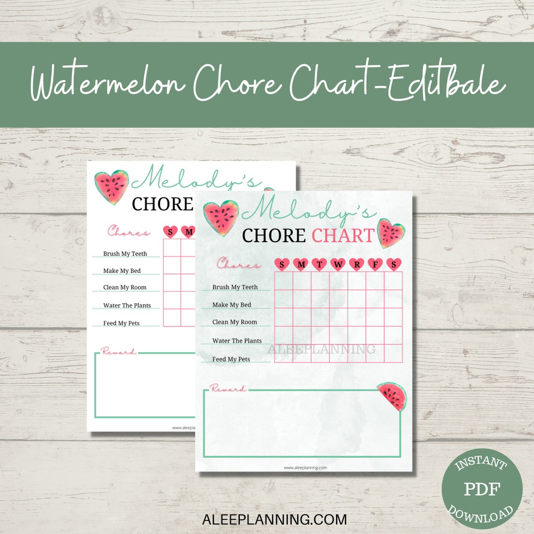 Watermelon Chore Chart Canva Chore Chart Printable Editable Kids Reward ...