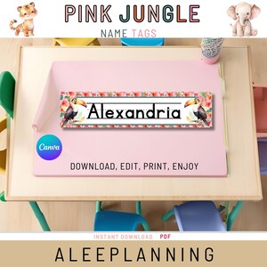 Pink Jungle Classroom Name Tags: Editable Cubby Decor (canva Template ...