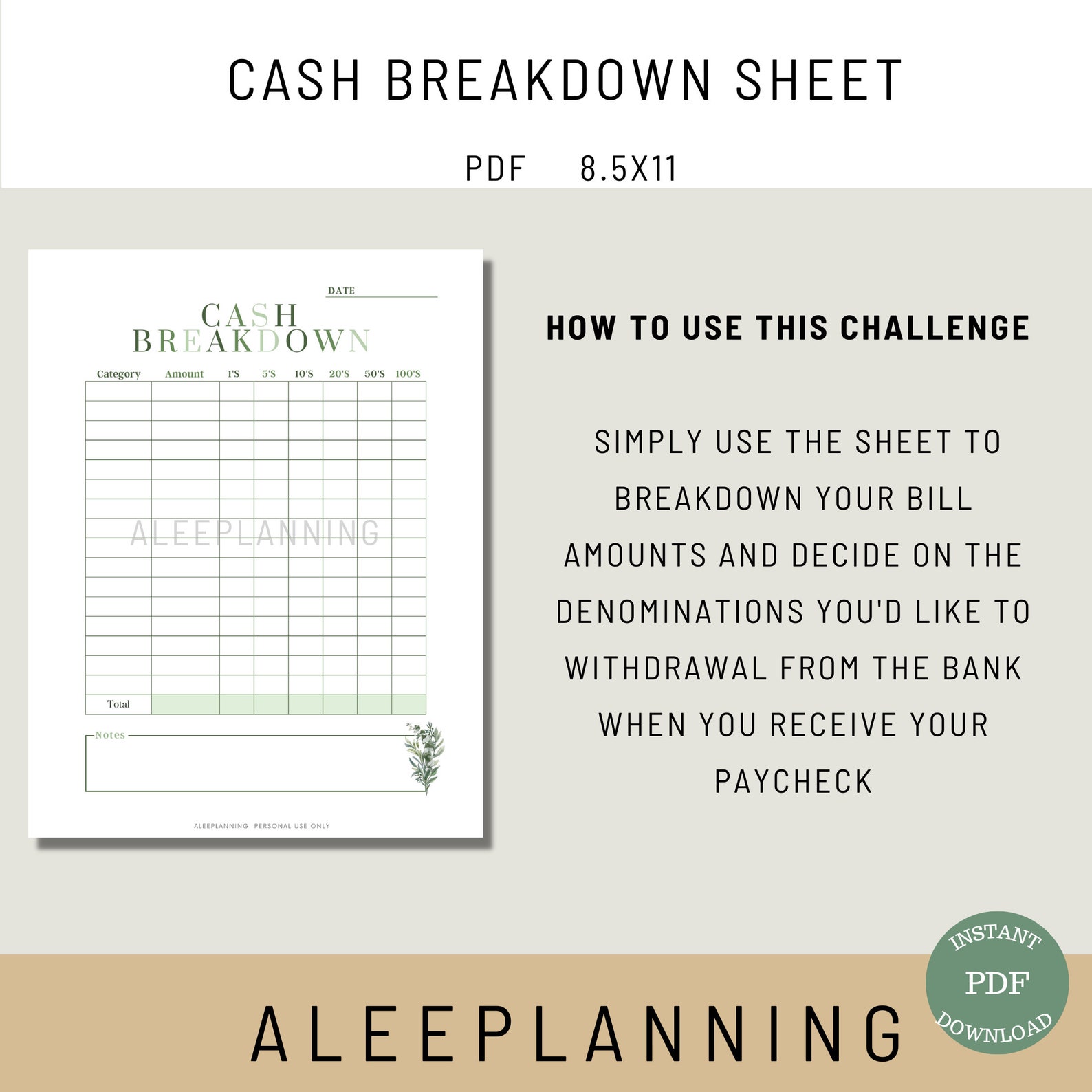 Cash Breakdown Sheet Cash Teller Slip Cash Worksheet Cash Envelope ...