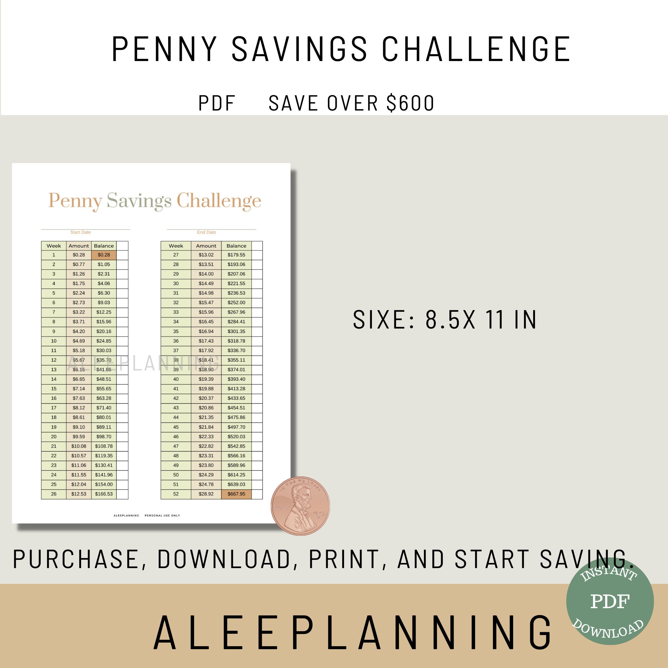 Penny Savings Challenge Weekly Penny Savings Tracker Cash Stuffing ...