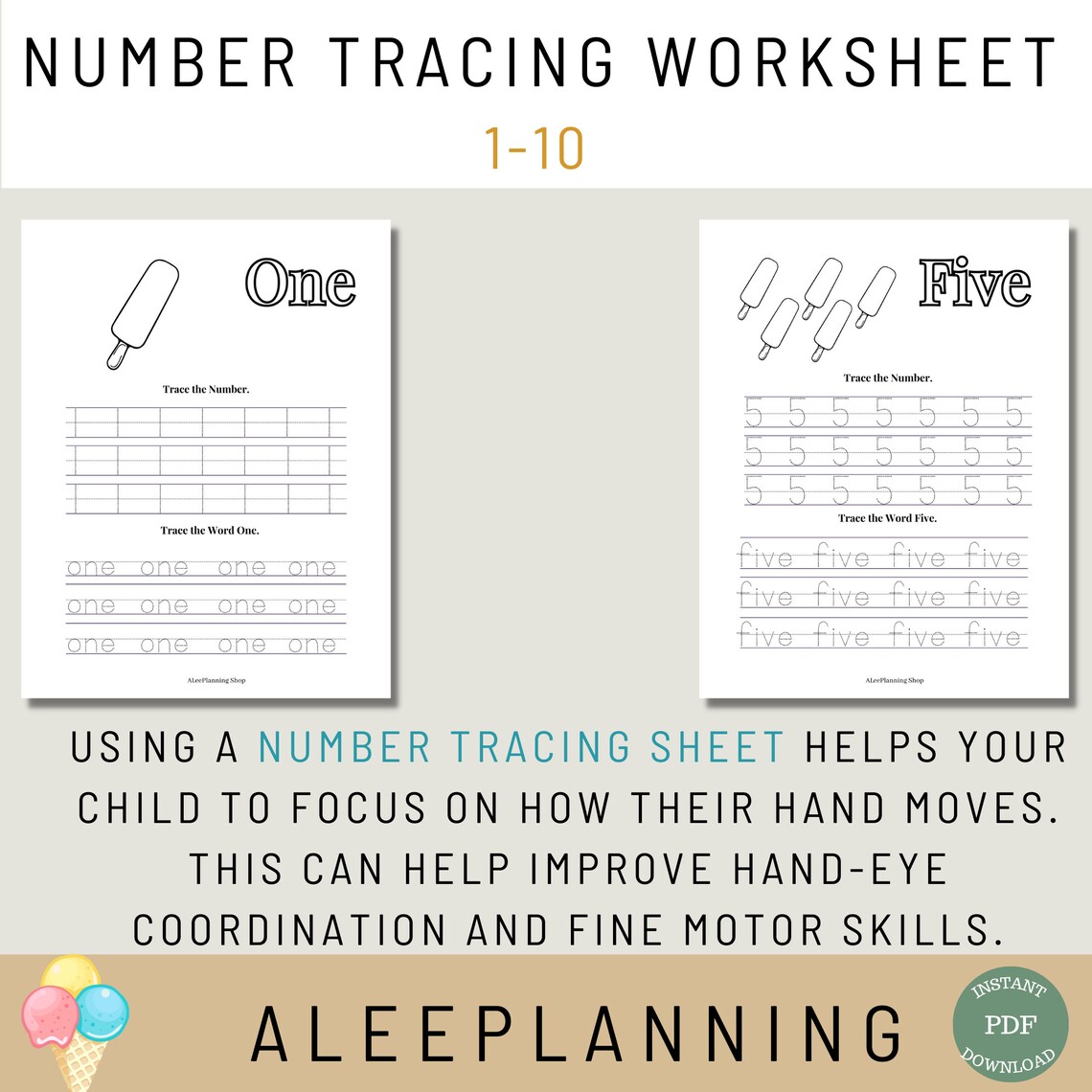 Number Tracing Worksheet Ice Cream 1-10 Tracing Dot Numbers - Etsy