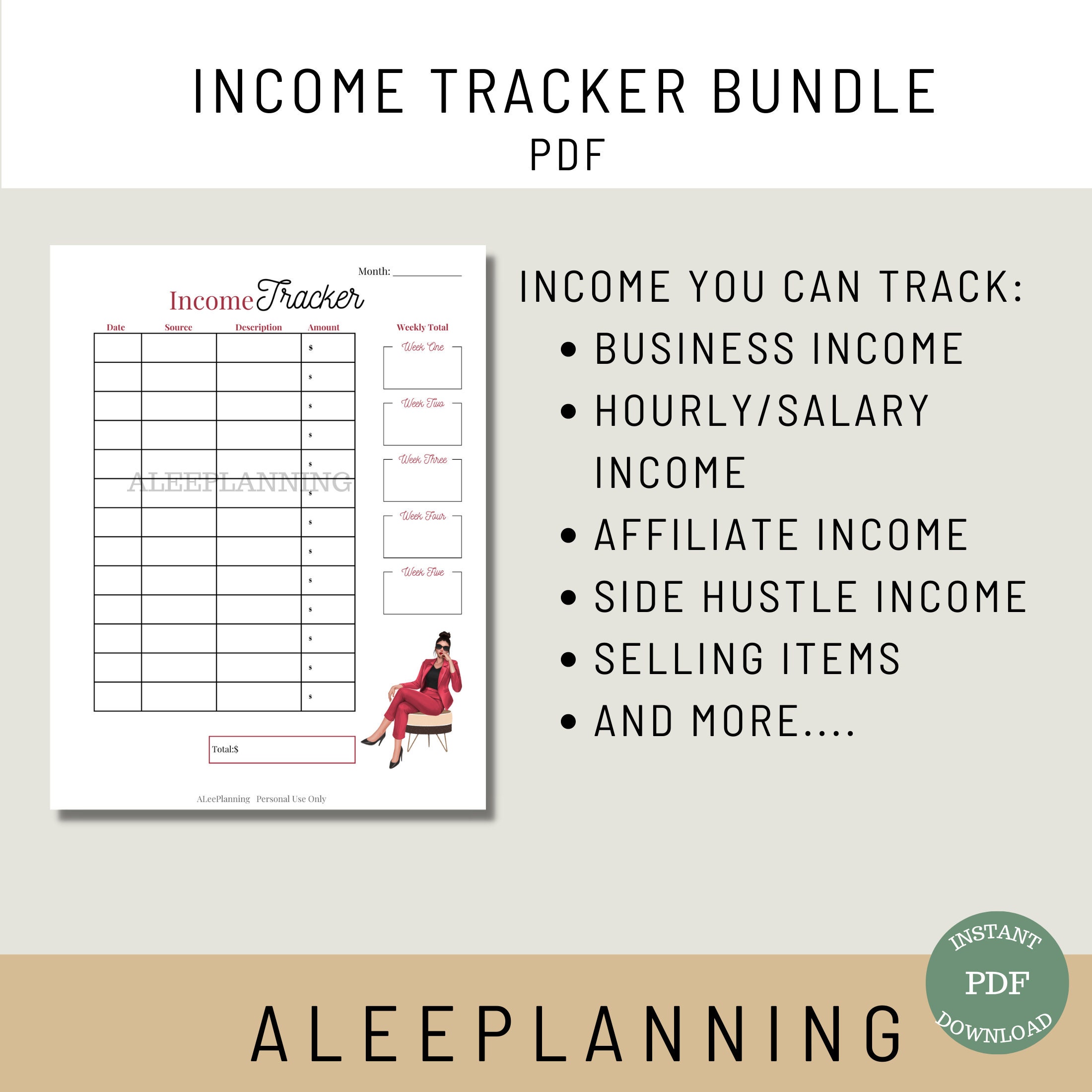 Income Tracker Printable Income Template Side Hustle Income Business ...