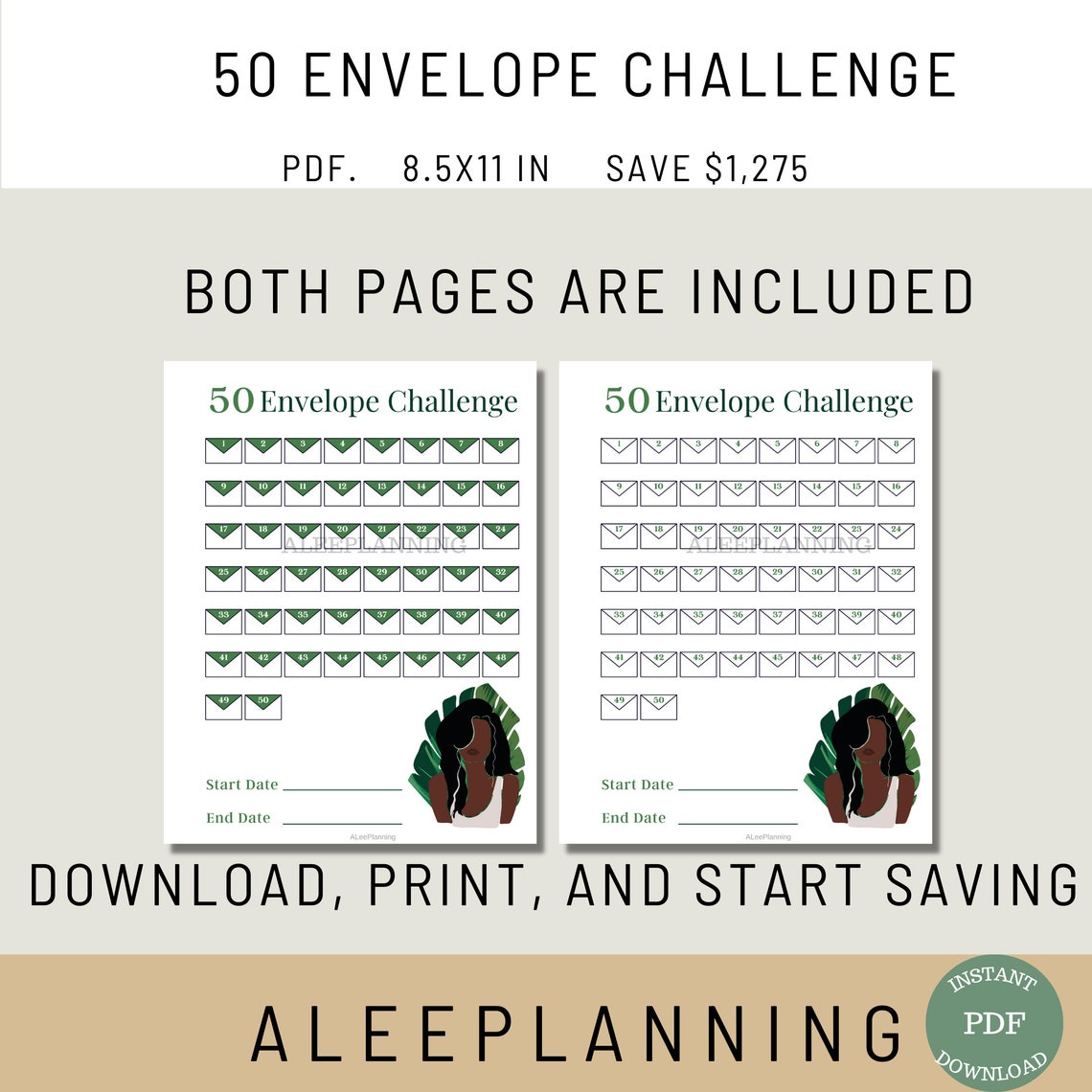 50 Envelope Challenge Printable Green 50 Envelope Savings Challenge 1k ...