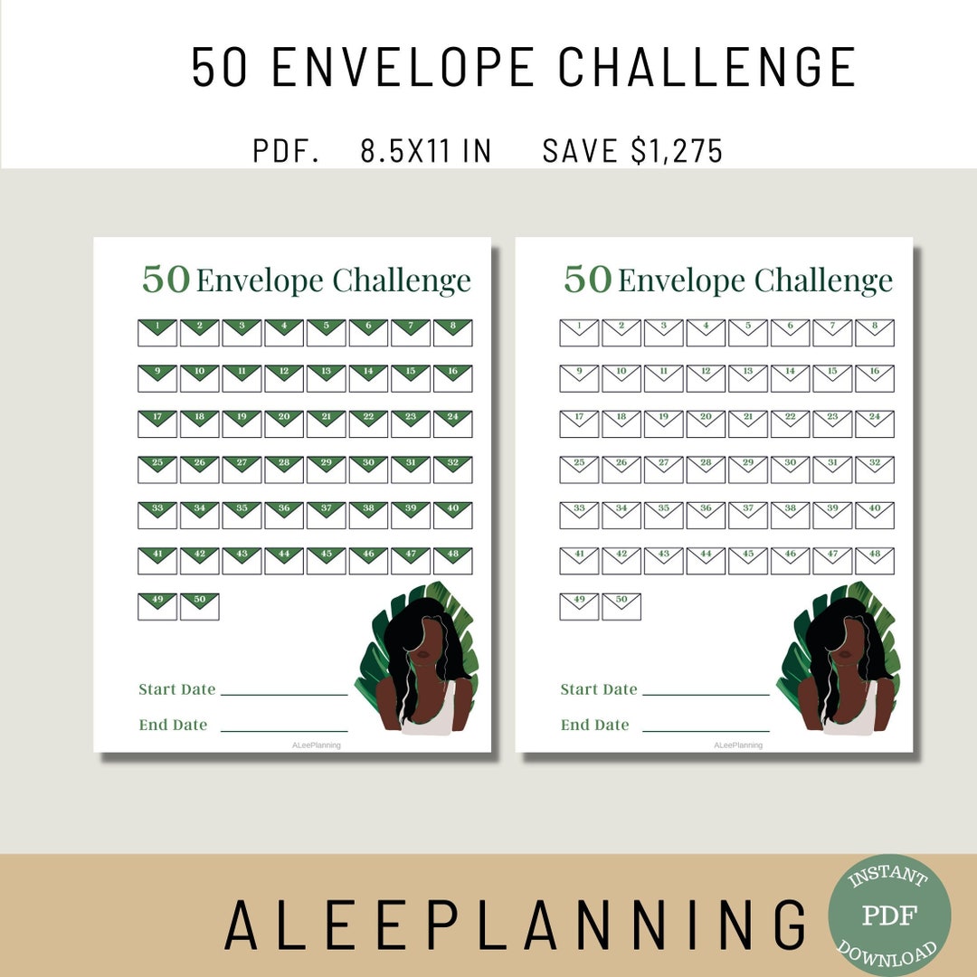 50 Envelope Challenge Printable Green| 50 Envelope Savings Challenge ...