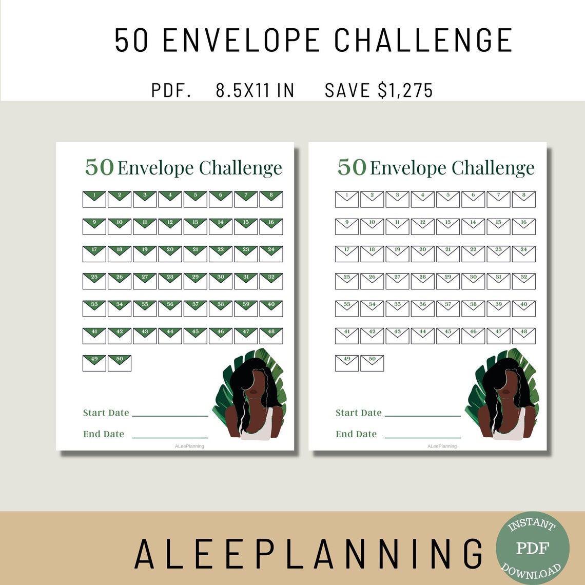50 Envelope Challenge Printable Green 50 Envelope Savings Challenge 1k ...