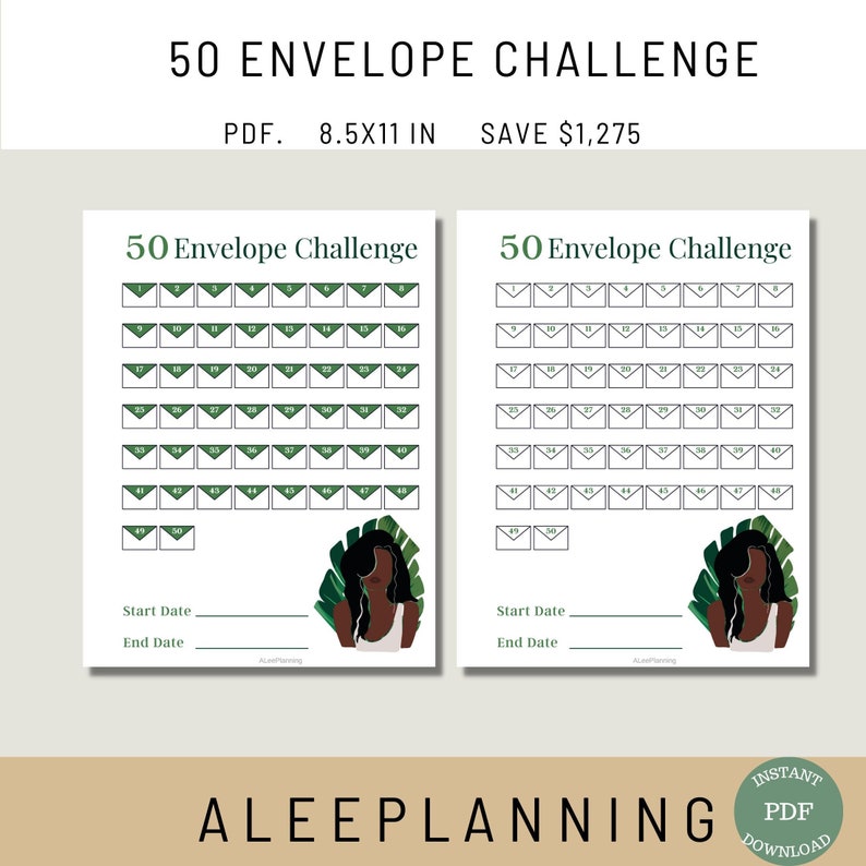 50 Envelope Challenge Printable Green 50 Envelope Savings Challenge 1k ...