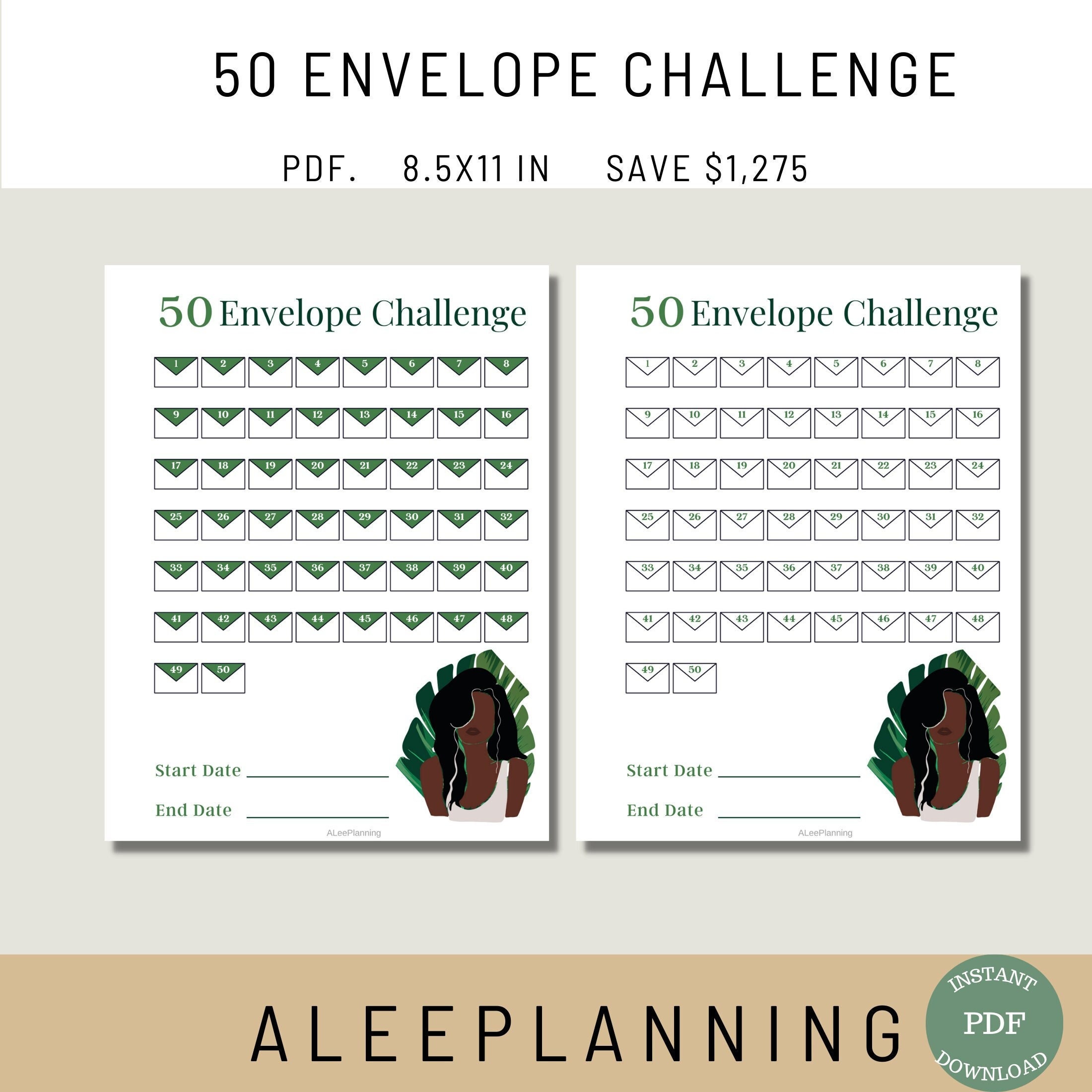 50 Envelope Challenge Printable Green 50 Envelope Savings Challenge 1k ...