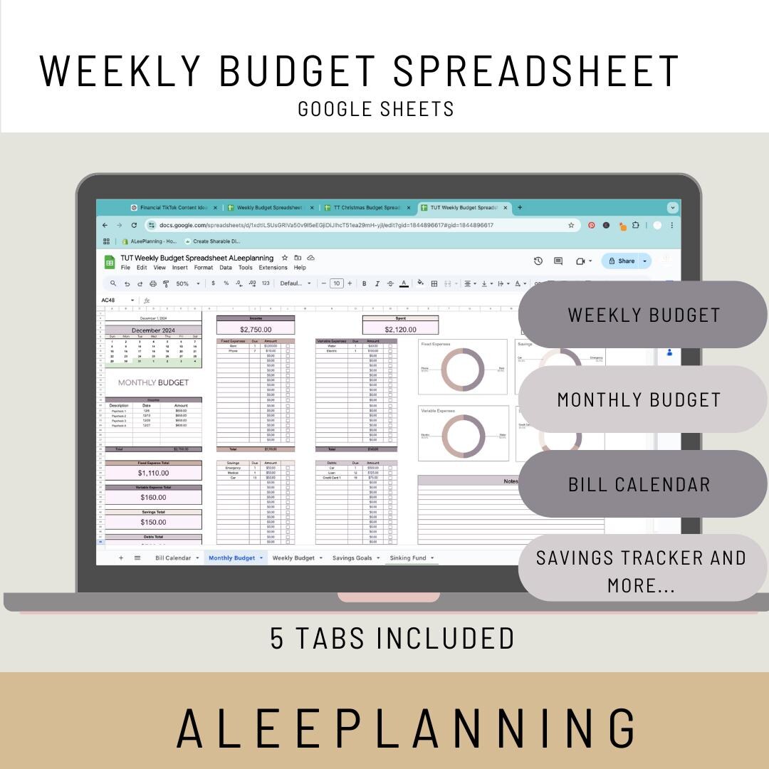 Weekly Budget Spreadsheet: Google Sheets Budget Calendar (digital ...