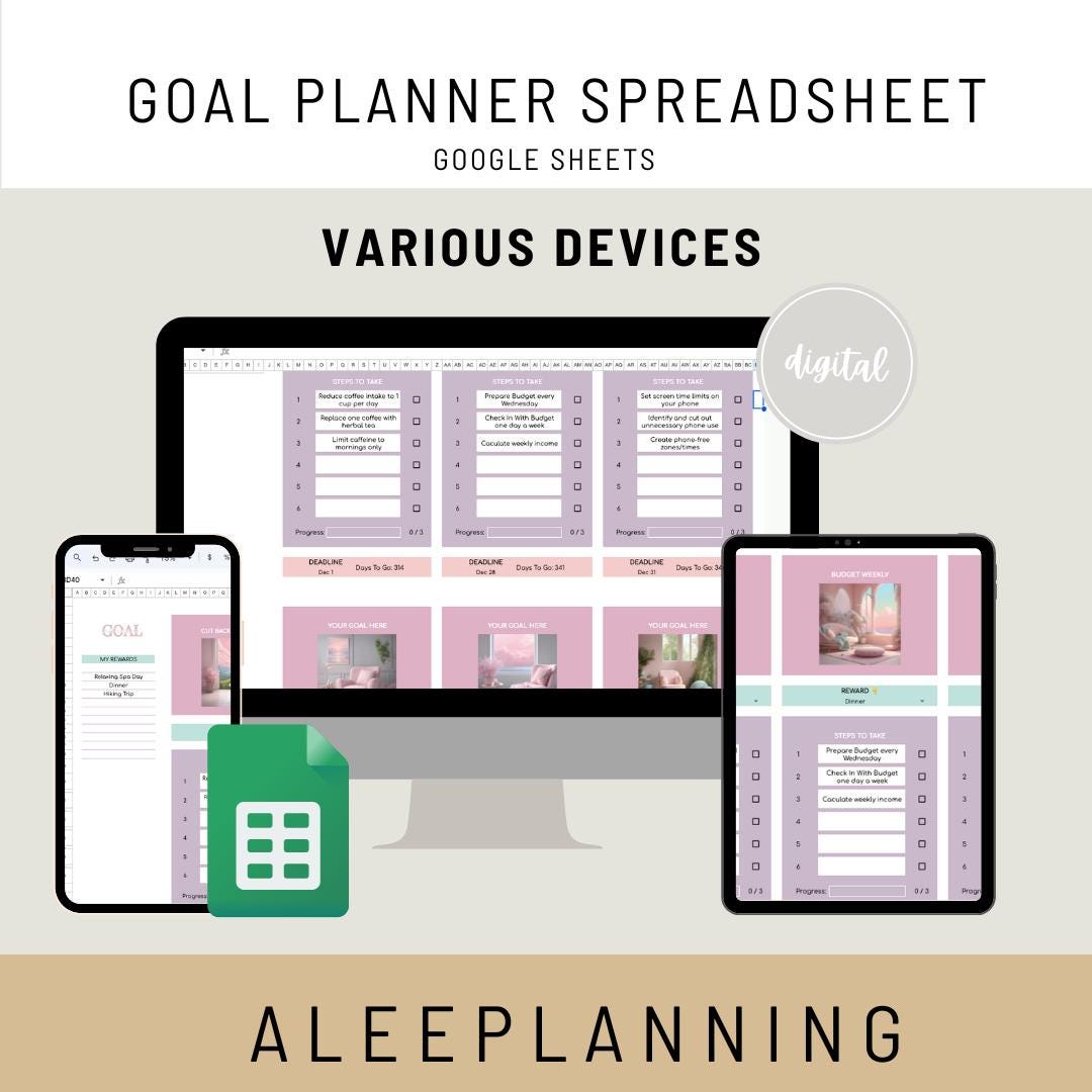 Goal Planner Spreadsheet Aesthetic Pastel Goal Setting Women Goal Sheet ...