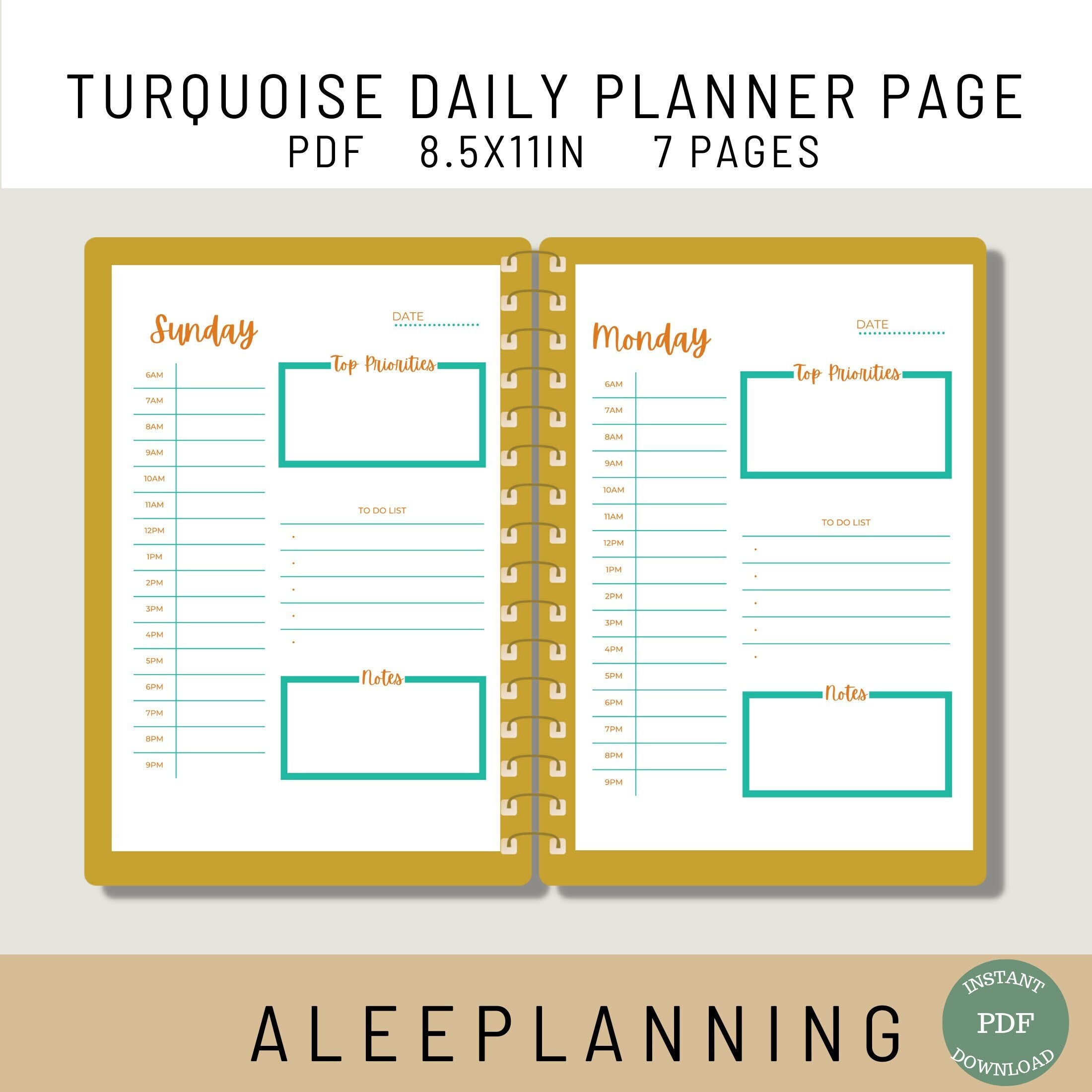 Turquoise Daily Planner Printable Daily Schedule Hourly Planner ...